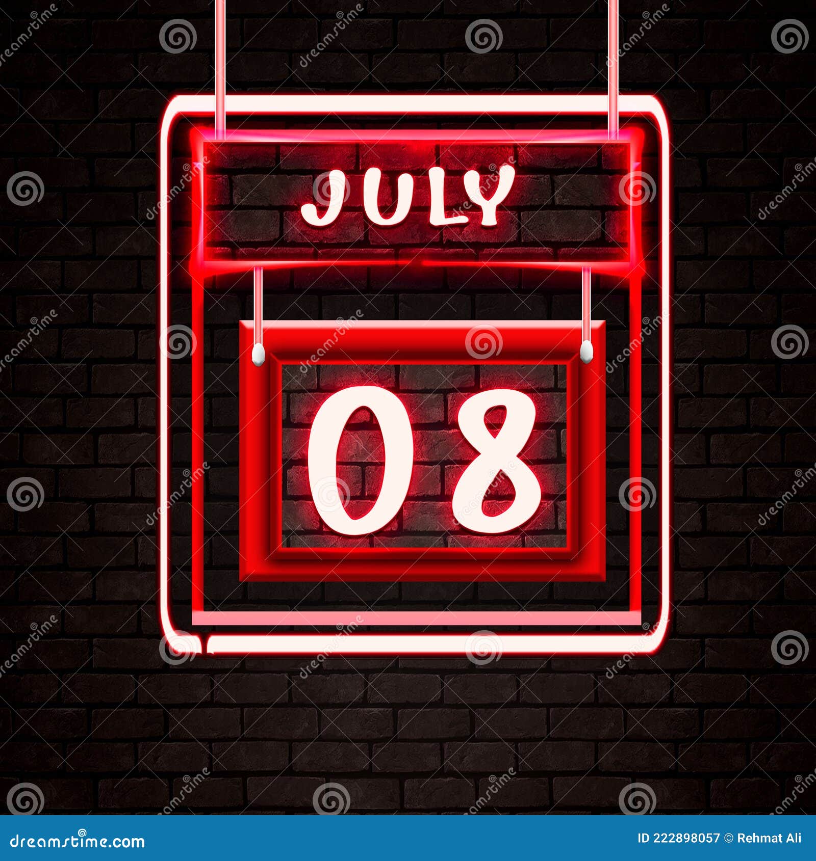 08 July Calendar, Neon Text Effect on Bricks Background Stock ...