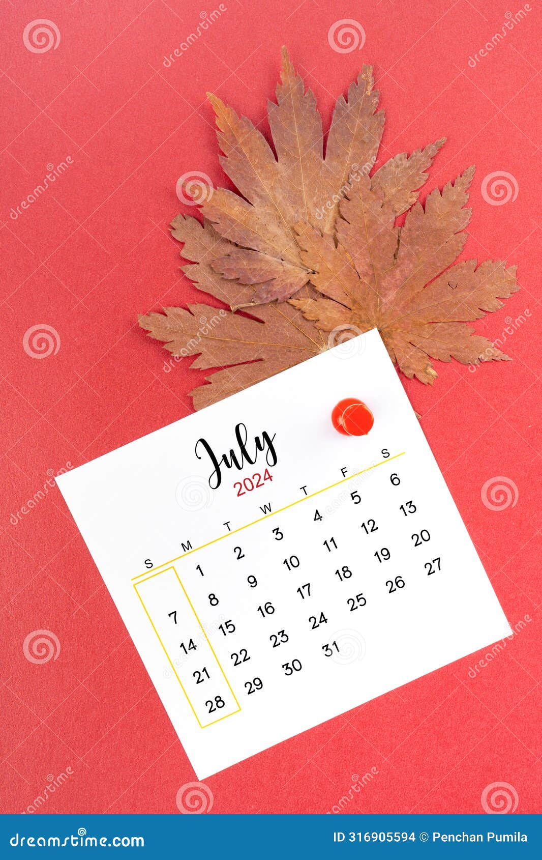 July 2024 Calendar Page and Autumn Maple Leaf with Thumbtack Stock ...