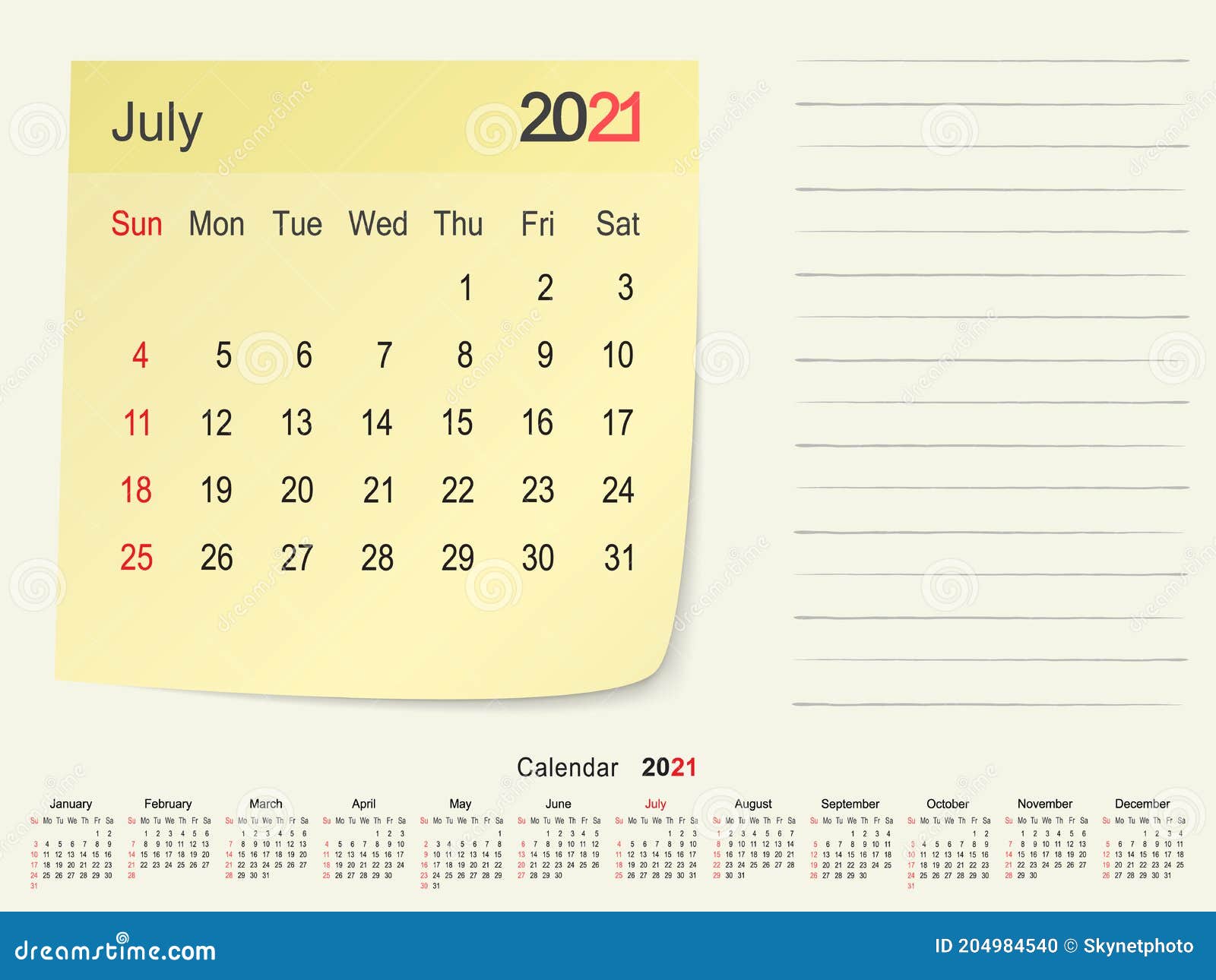 July 2021 Calendar Paper Note Design Stock Vector - Illustration of ...