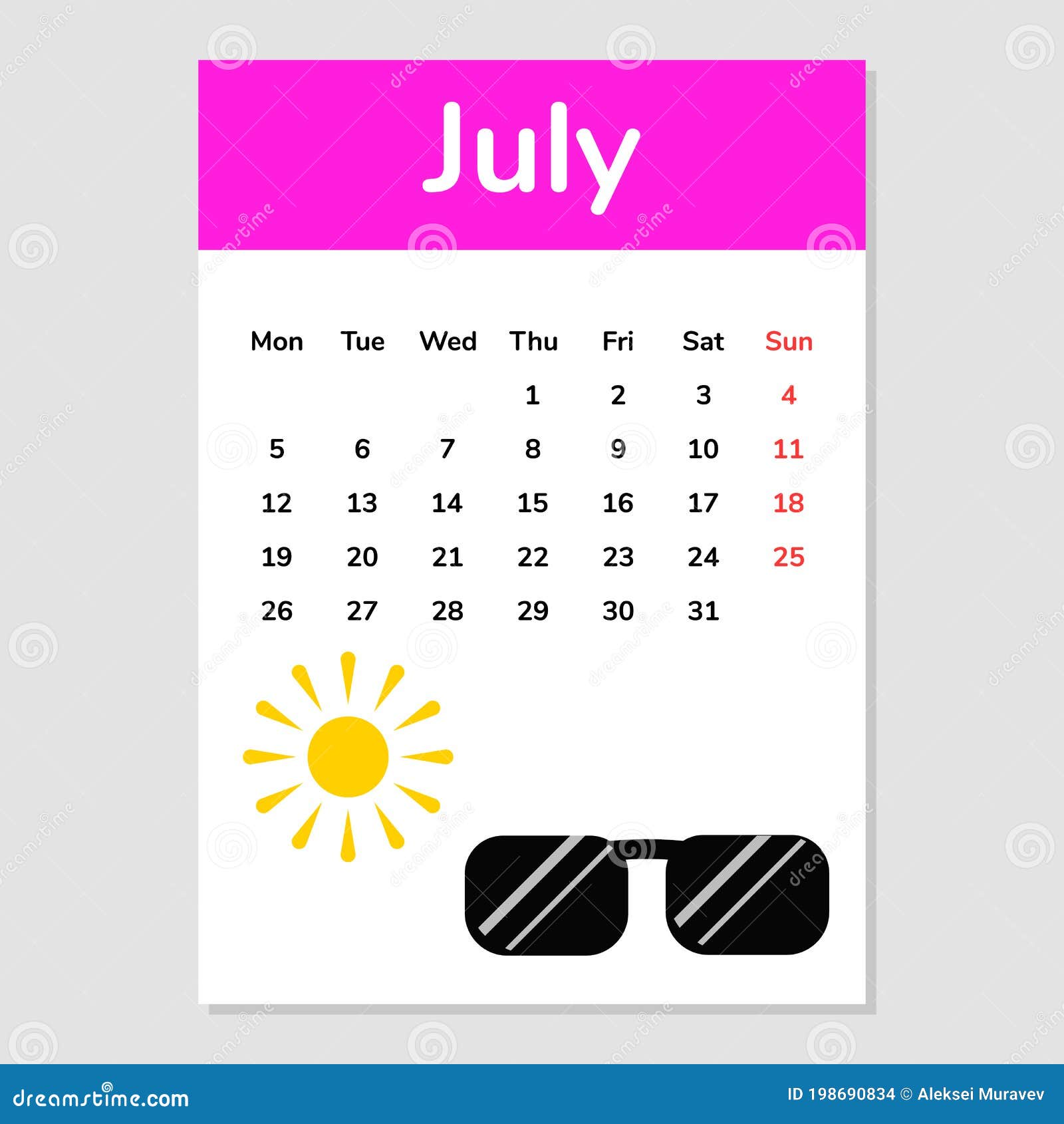 July 2021 Calendar Sheet with Sunglasses Illustration. Vector. Isolated ...