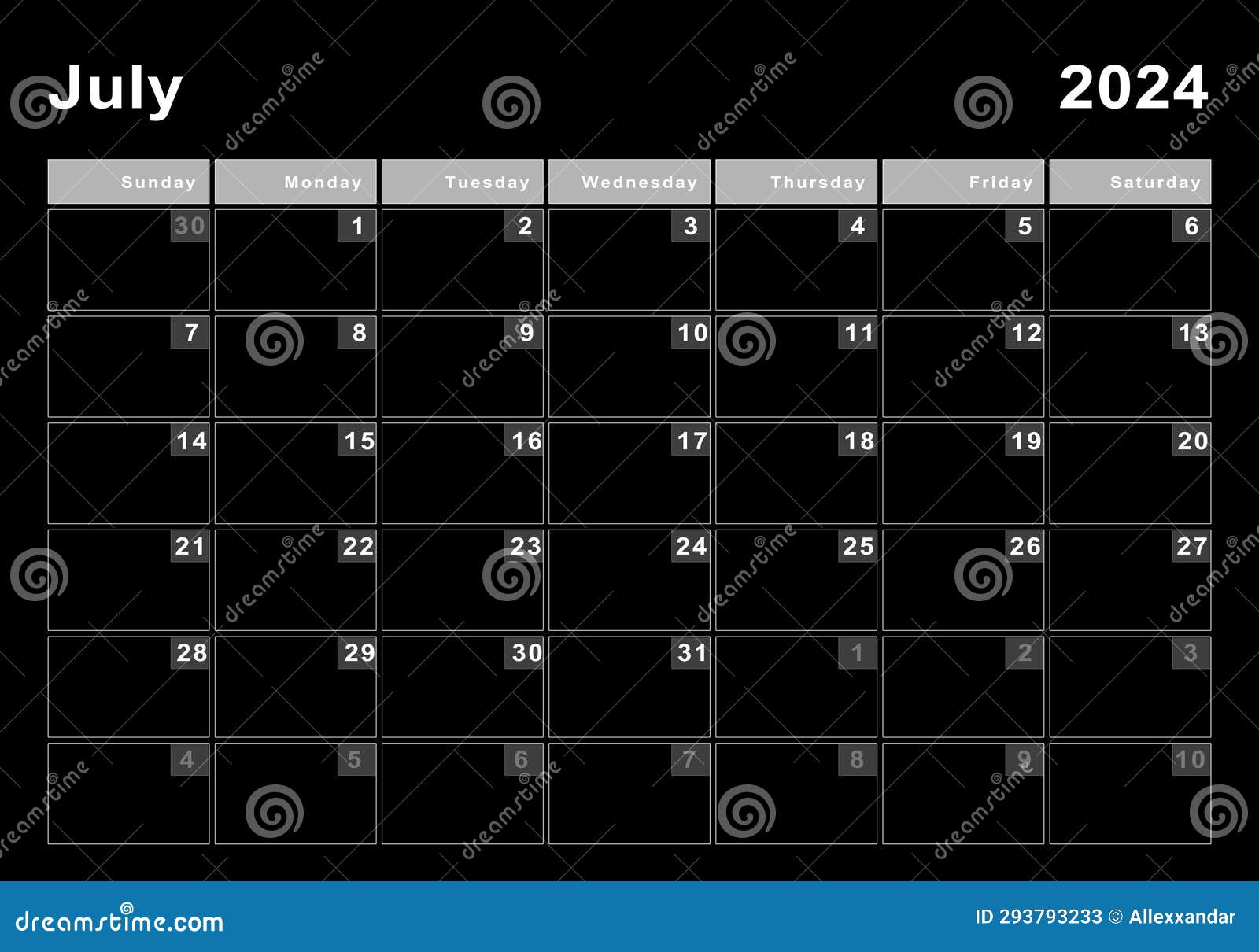 July 2024 Calendar, Week Start Sunday Stock Illustration - Illustration ...