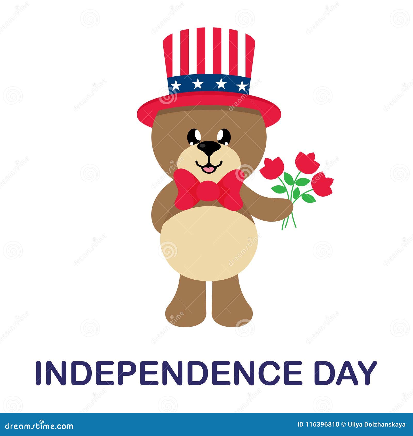 4 July Cartoon Cute Bear in Hat with Flowers and Text Stock Vector ...