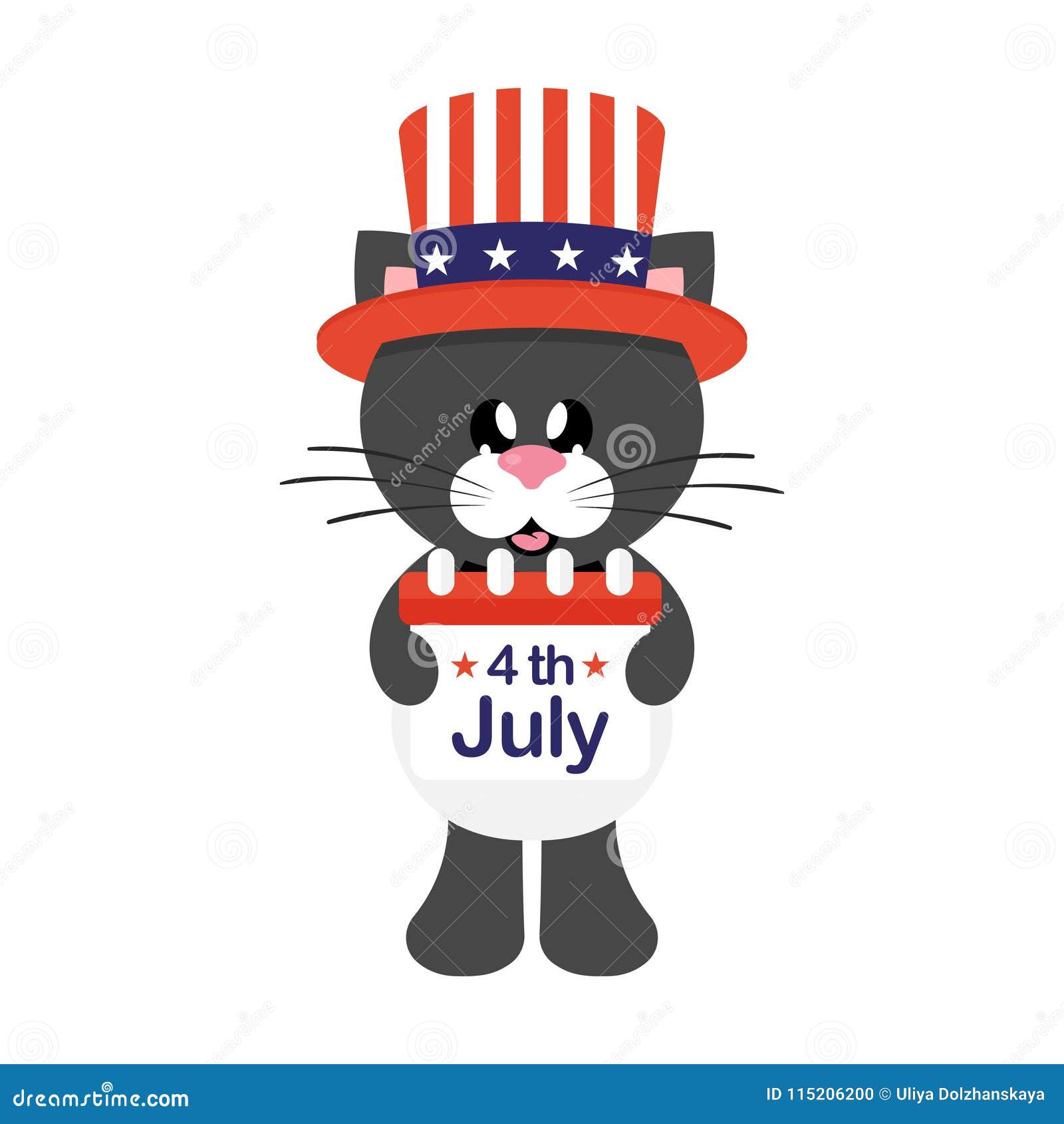 4 July Cartoon Cute Black Cat in Hat with Calendar Stock Vector ...