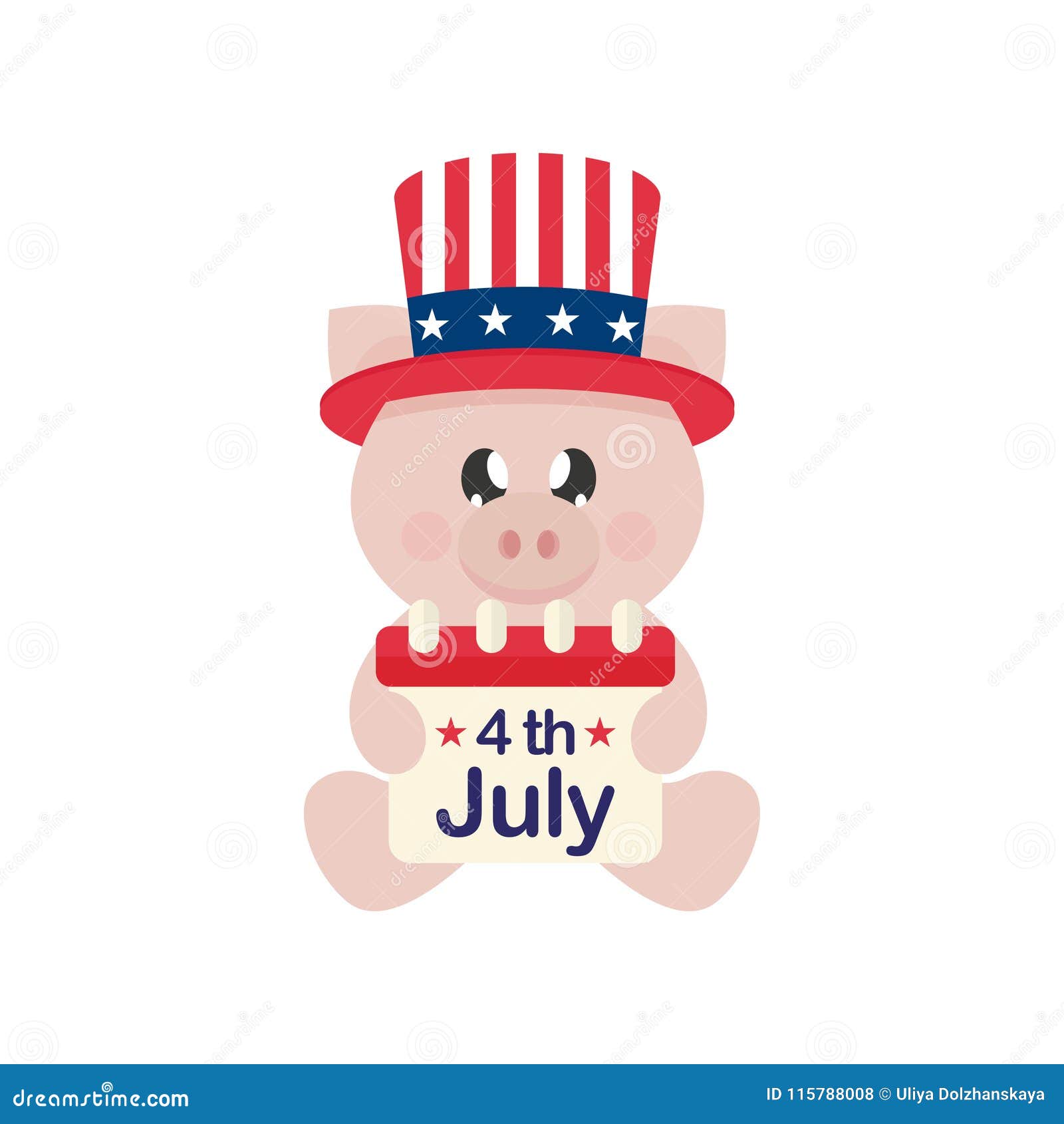4 July Cartoon Cute Pig in Hat Sitting with Calendar Stock Vector ...