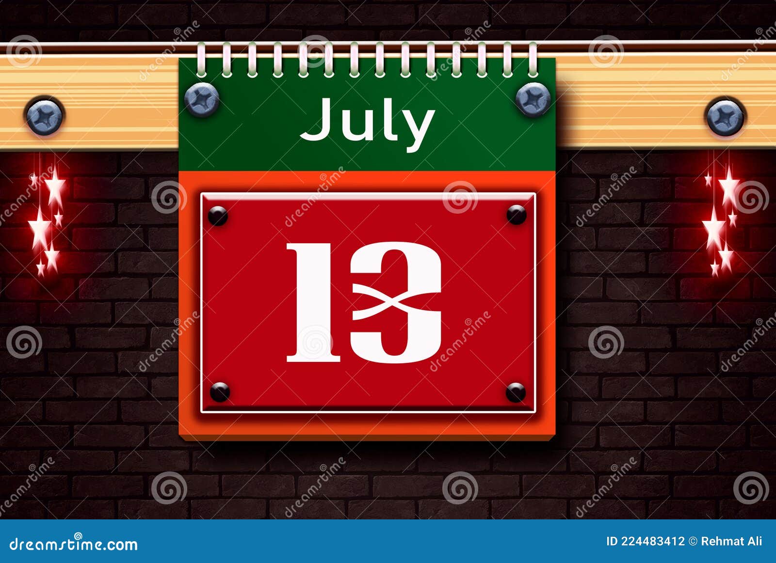 July 13. Date ,day, Month .calendar for the Month of July, on Bricks ...
