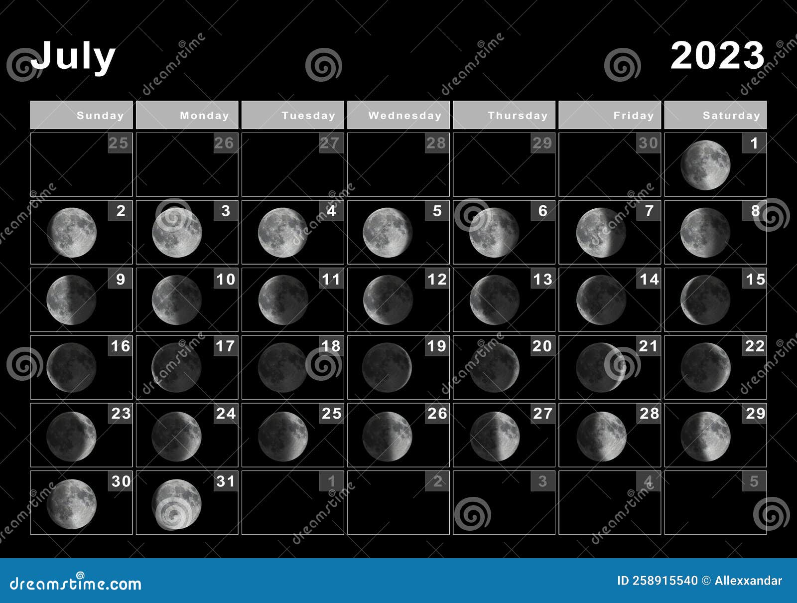 July 2023 Lunar Calendar, Moon Cycles Stock Illustration - Illustration ...