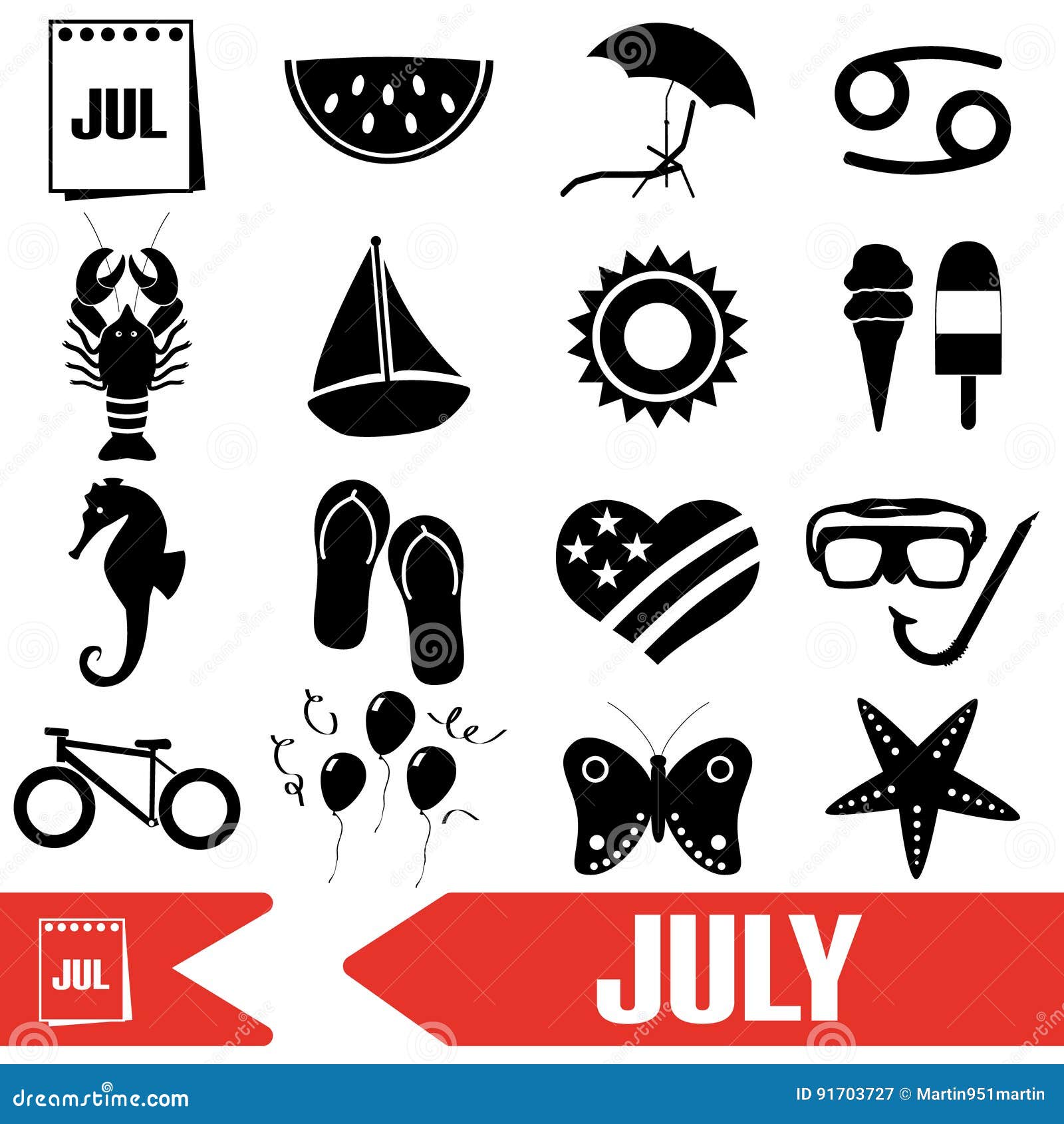 July Month Theme Set of Simple Icons Stock Vector - Illustration of ...