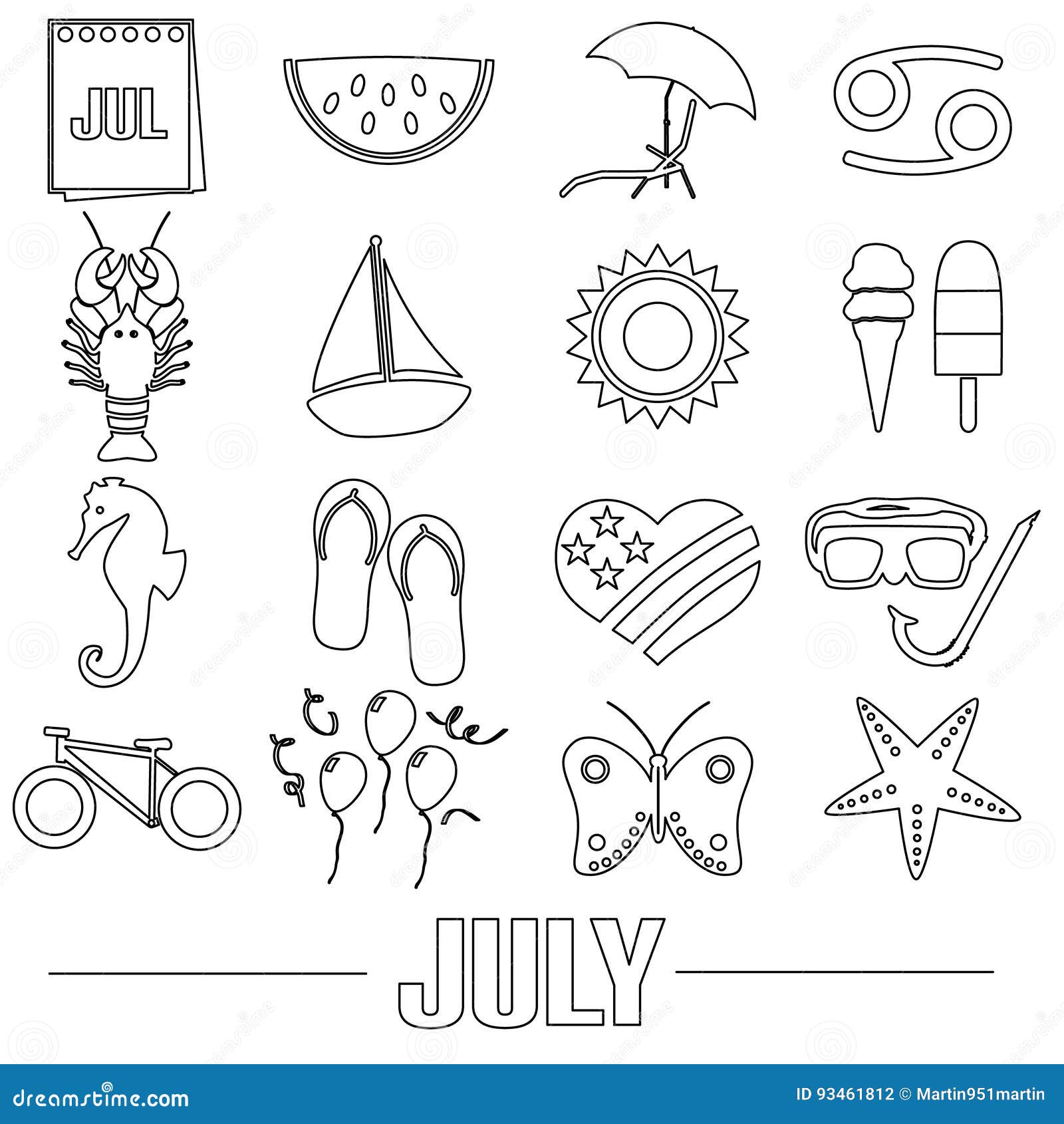 July Month Theme Set of Simple Outline Icons Eps10 Stock Vector ...