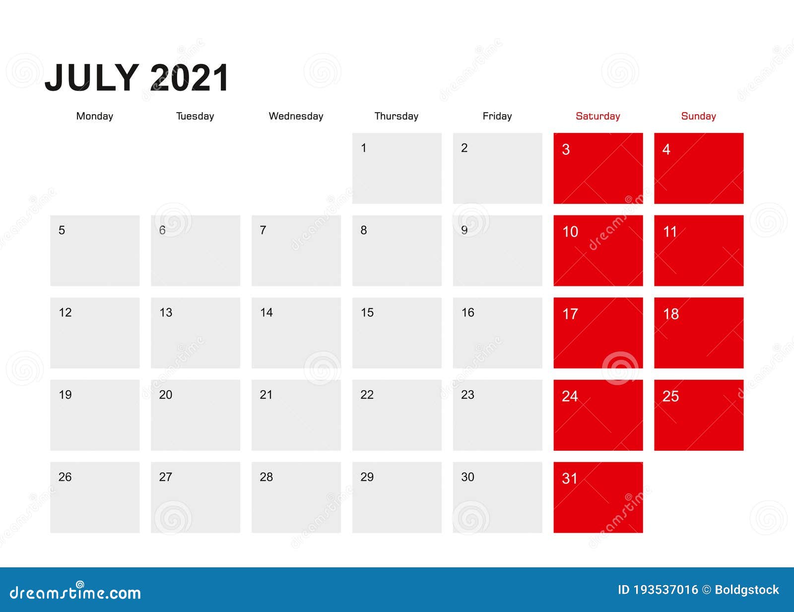 2021 July Planner Calendar Design. Week Starts from Monday Stock Vector ...