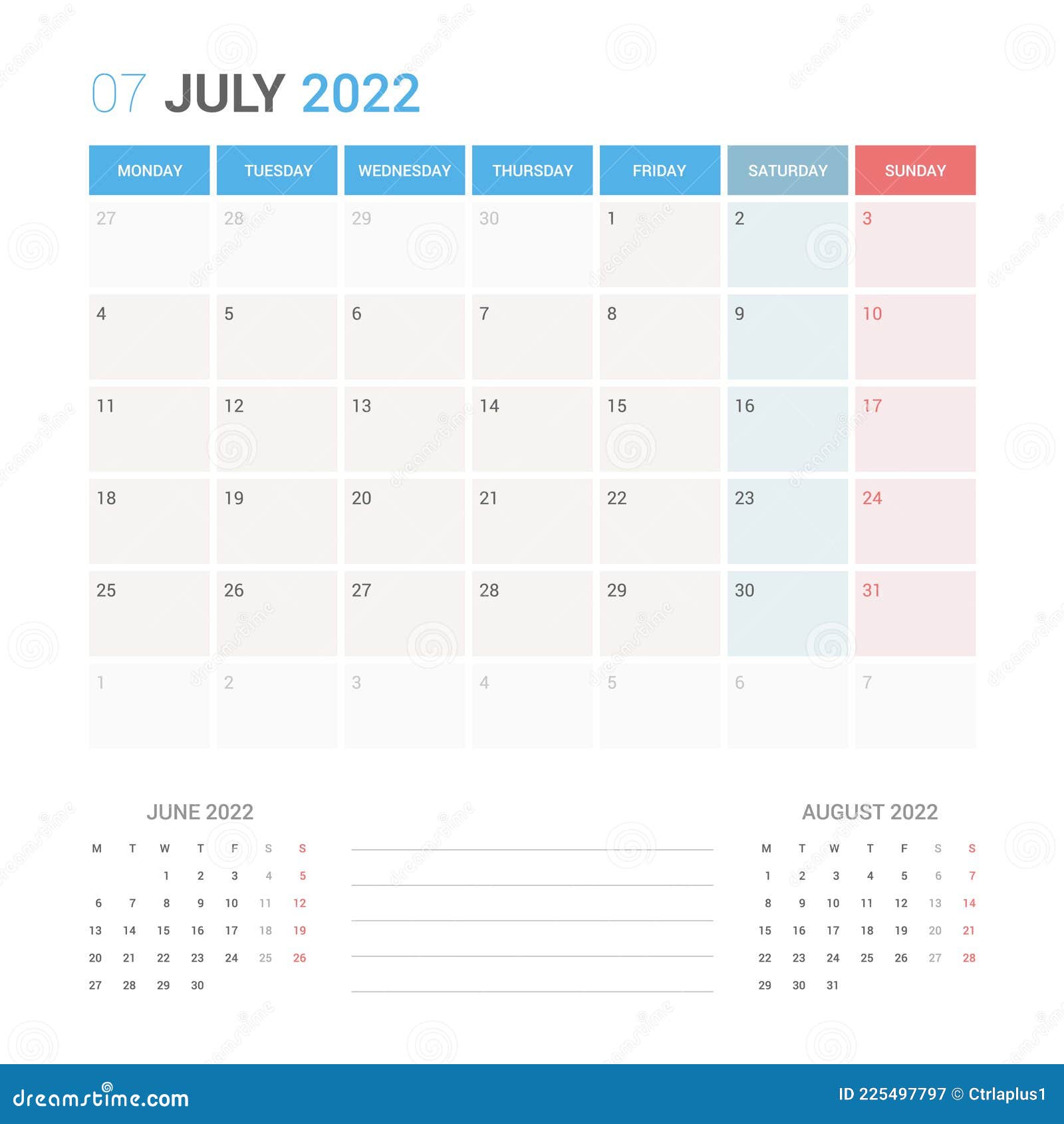 July 2022 Planner Calendar Week Starts on Monday. Stock Vector ...