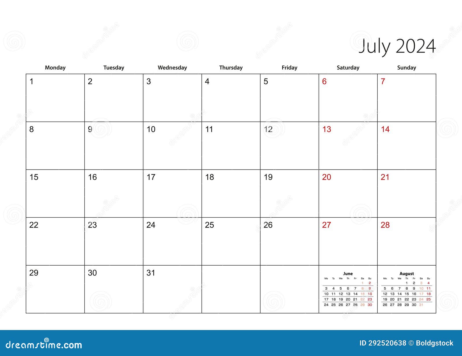 July 2024 Simple Calendar Planner, Week Starts from Monday Stock ...