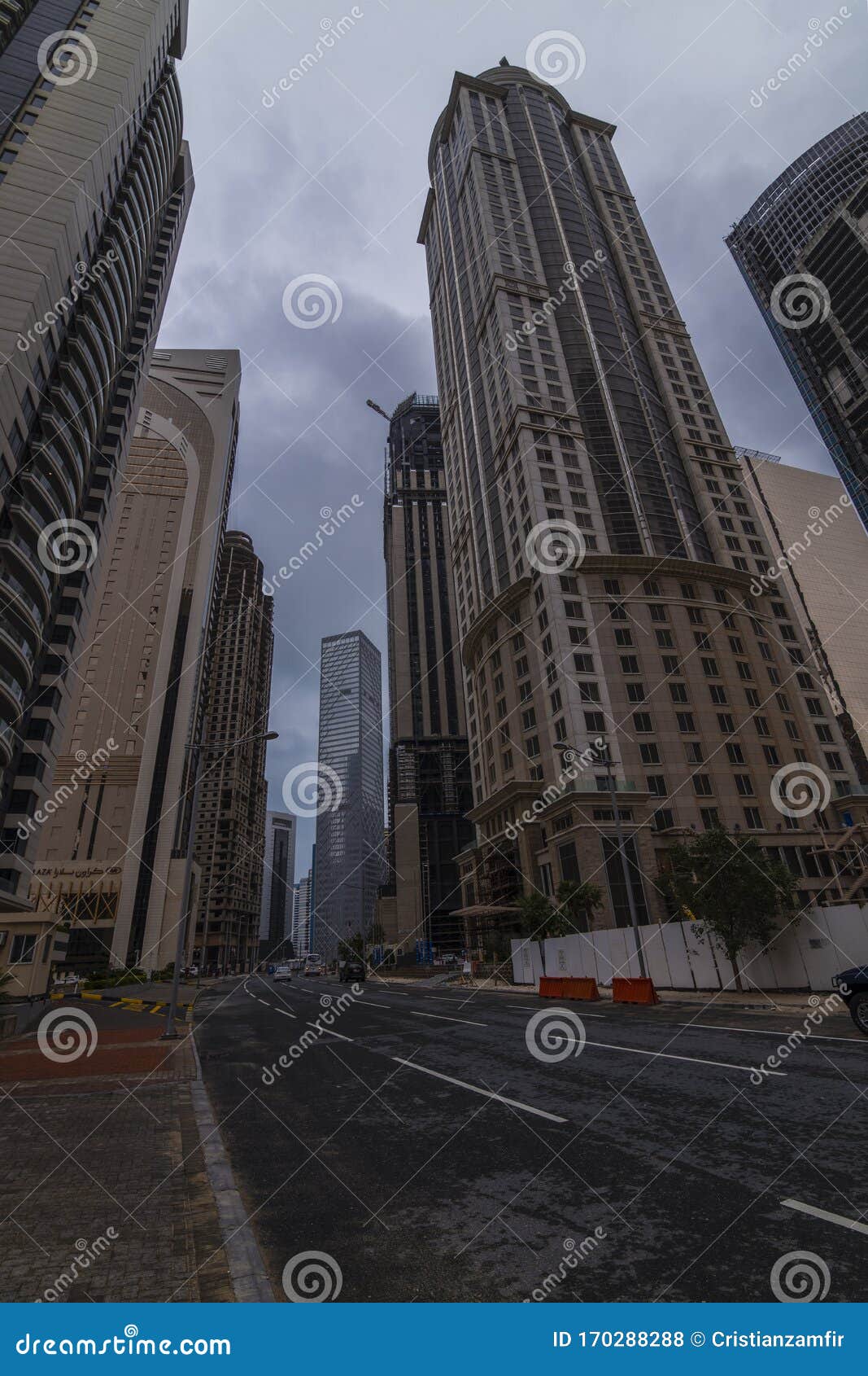 July 10, 2020 : Street View of Modern Skyscrapers at Twilight in Doha ...