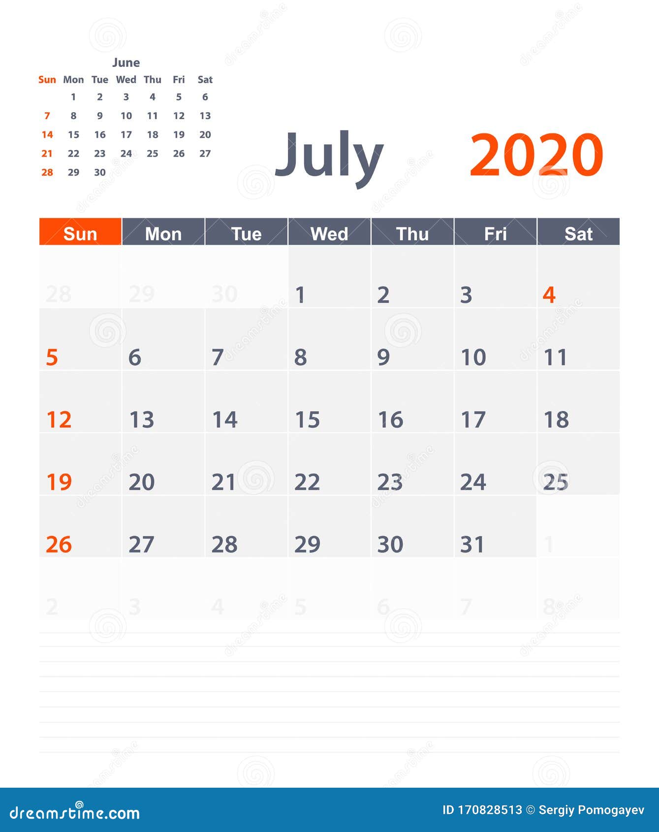 July 2020 Vector Planning Calendar Stock Vector - Illustration of ...