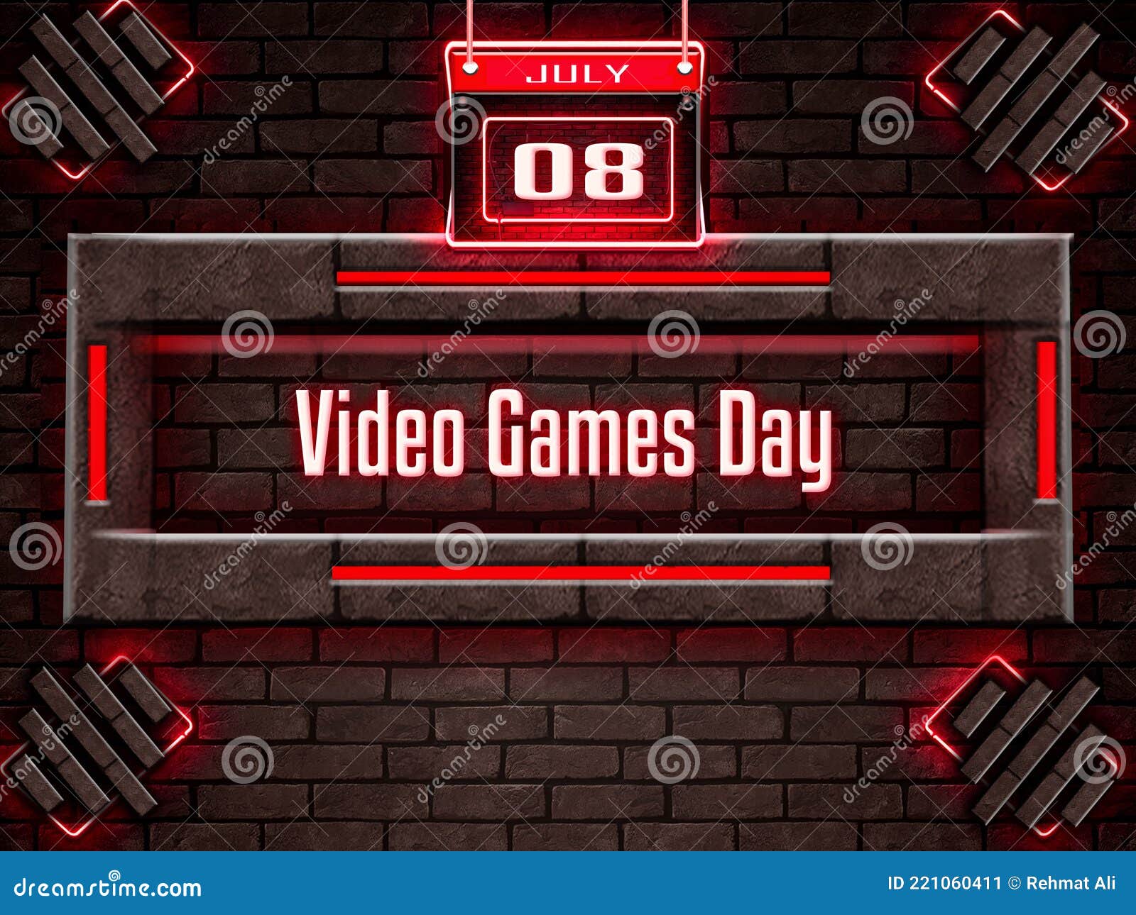 08 July, Video Games Day, Neon Text Effect on Bricks Background Stock ...