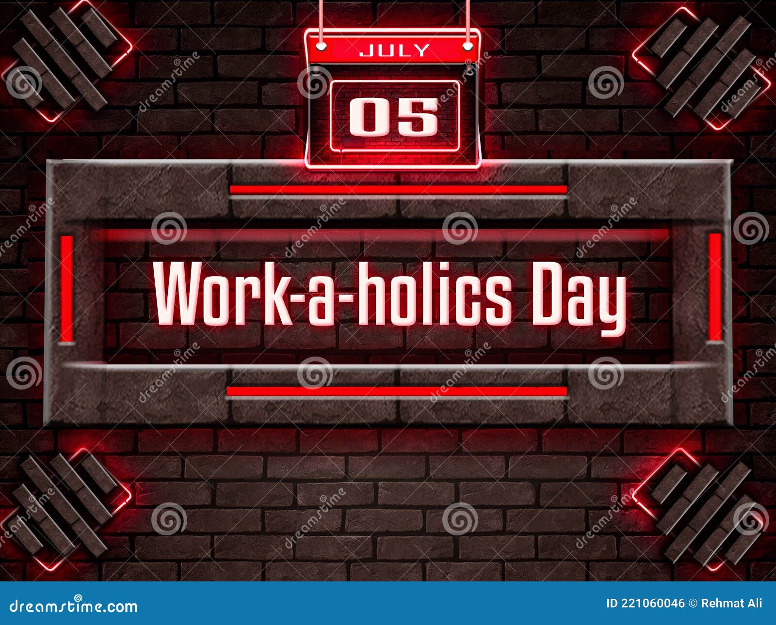 05 July, Work-a-holics Day, Neon Text Effect on Bricks Background Stock ...