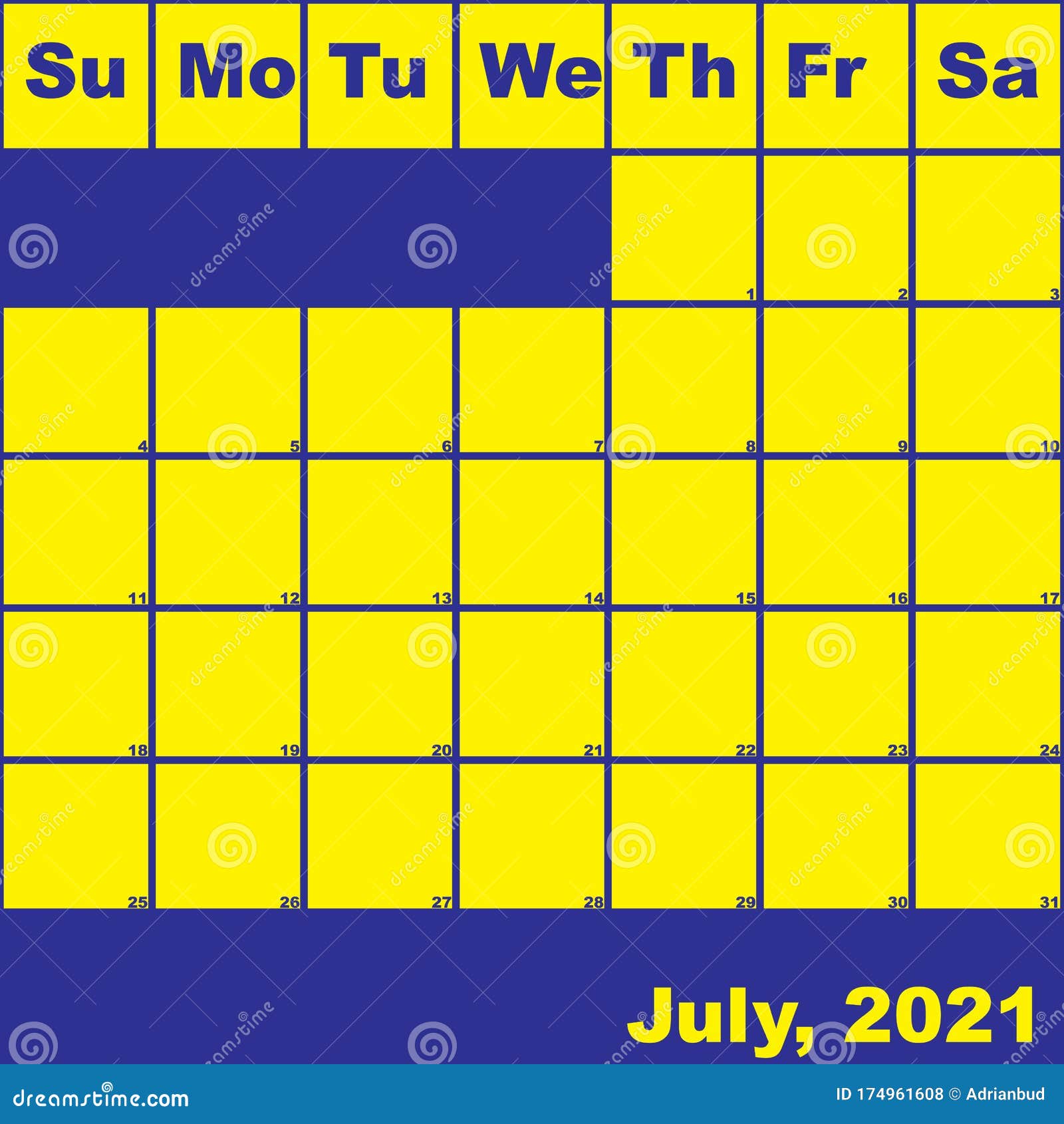2021 July Yellow on Blue Planner Calendar Stock Vector - Illustration ...