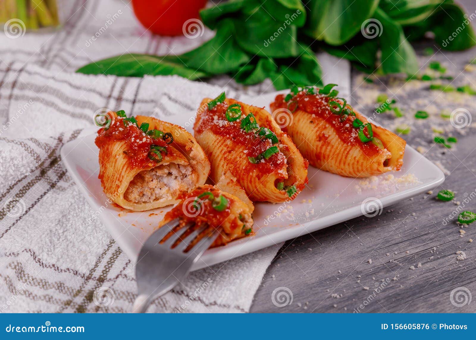 Jumbo Shells Pasta Stuffed with a Ricotta Cheese and Basil Stock Photo ...