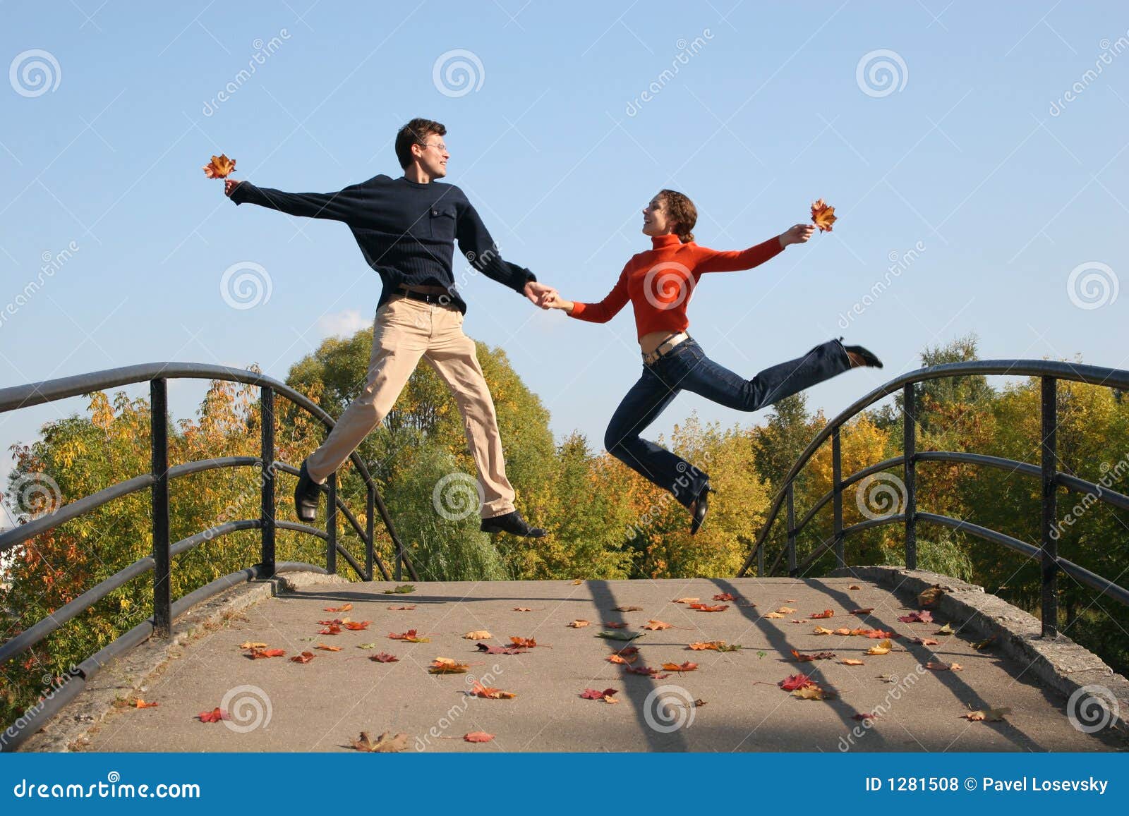 Jump couple stock photo. Image of flirt, fall, october - 1281508