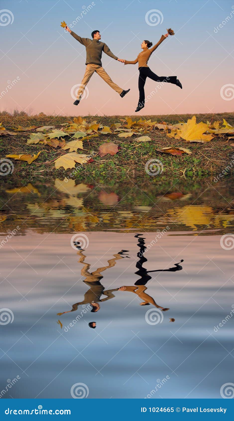 Jump couple. autumn water stock image. Image of body, female - 1024665