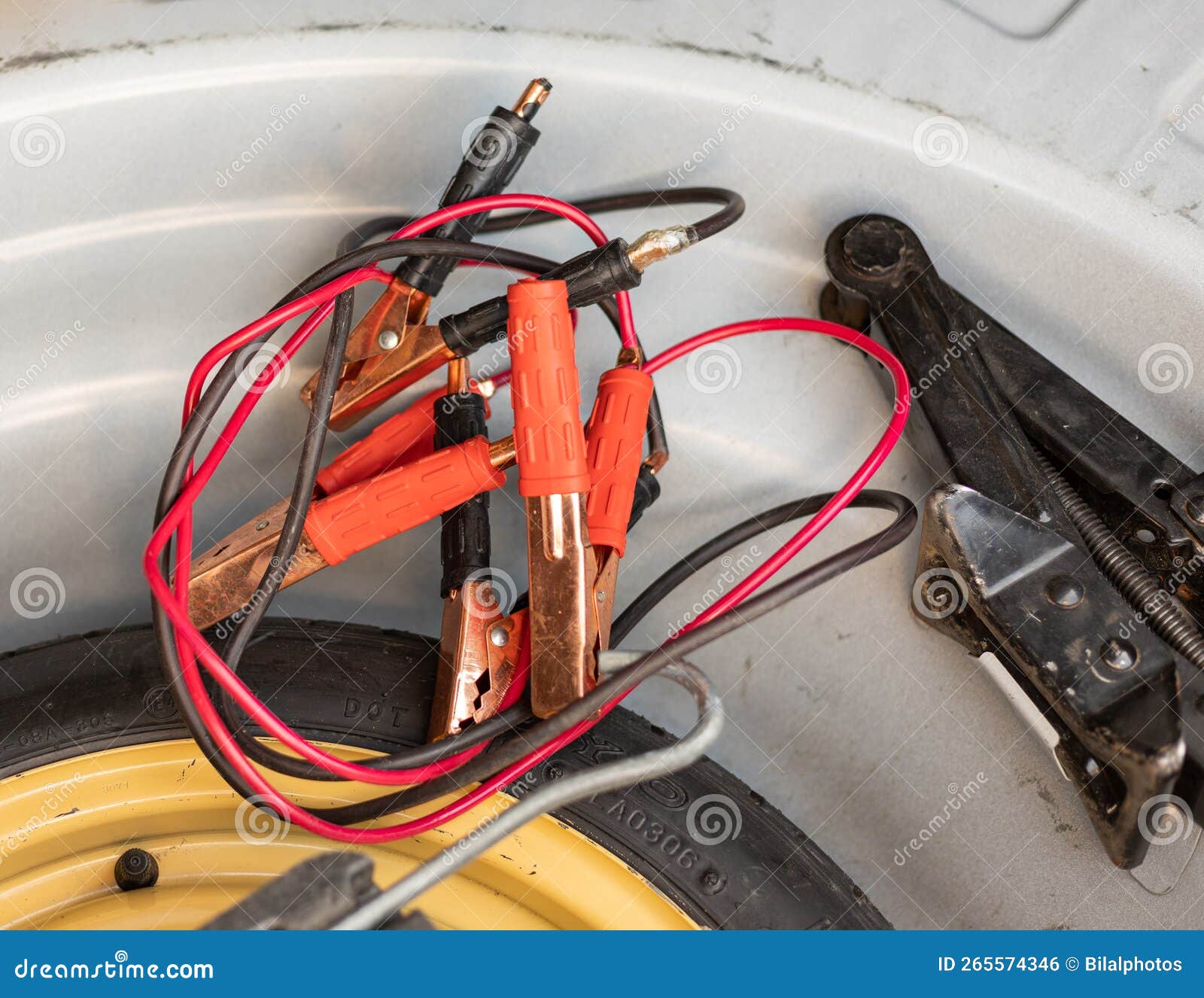 Jump Start Cable Kit with Jack in Car Trunk Stock Photo - Image of ...
