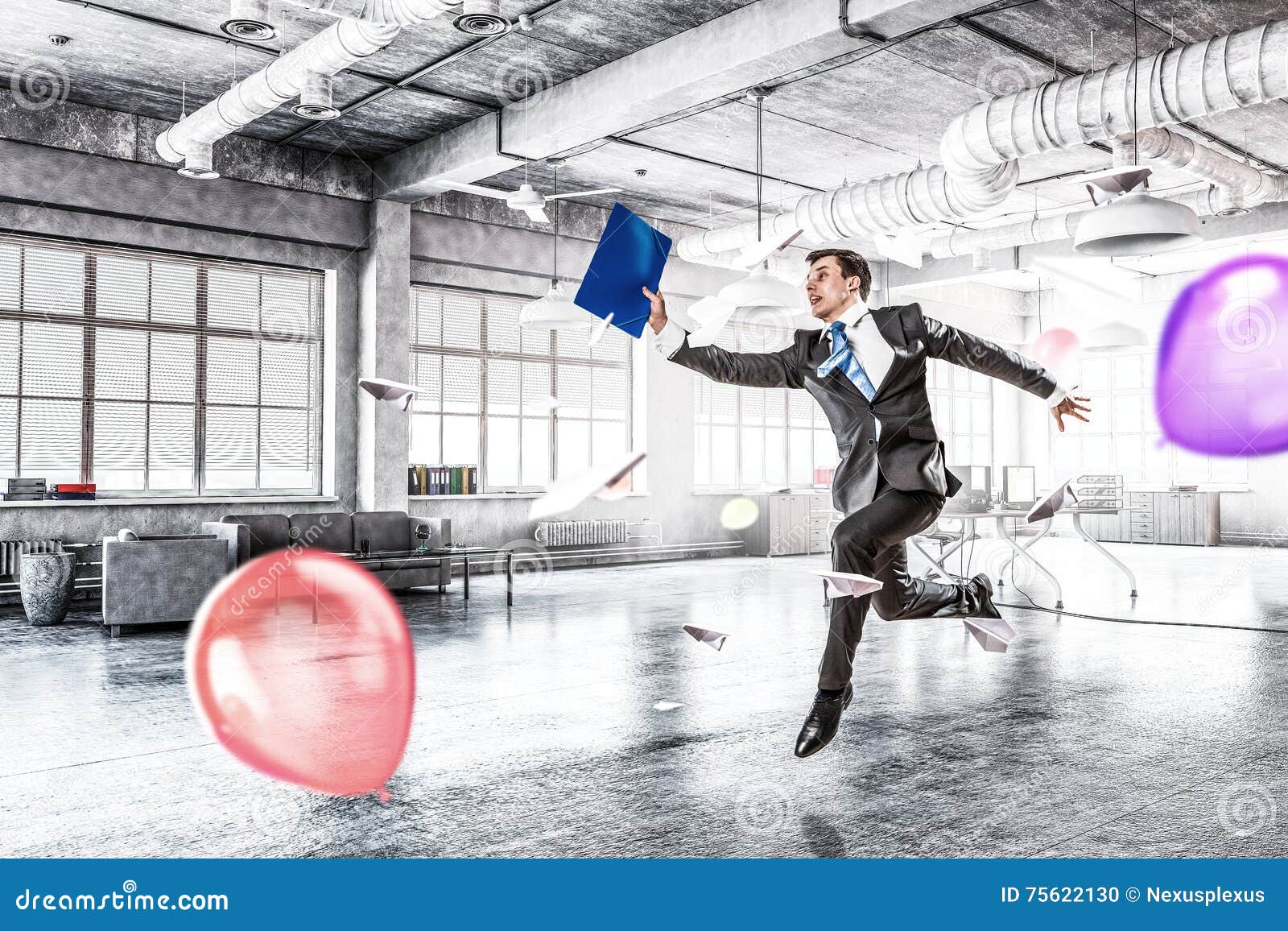 Jumping Businessman in Office . Mixed Media Stock Photo - Image of jump ...