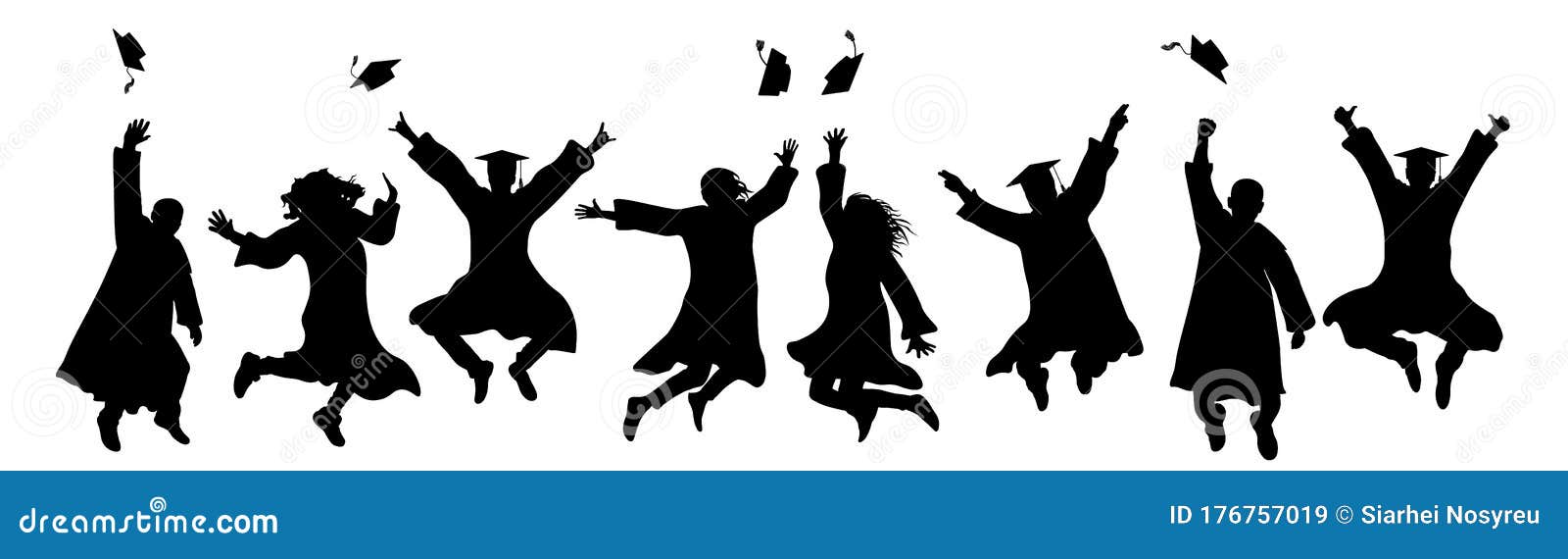 Jumping Graduates Throw Square Academic Caps. Silhouette of Graduation ...