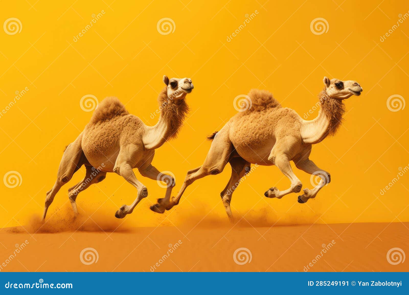 Jumping Moment, Two Camel on Yellow Background Stock Illustration ...