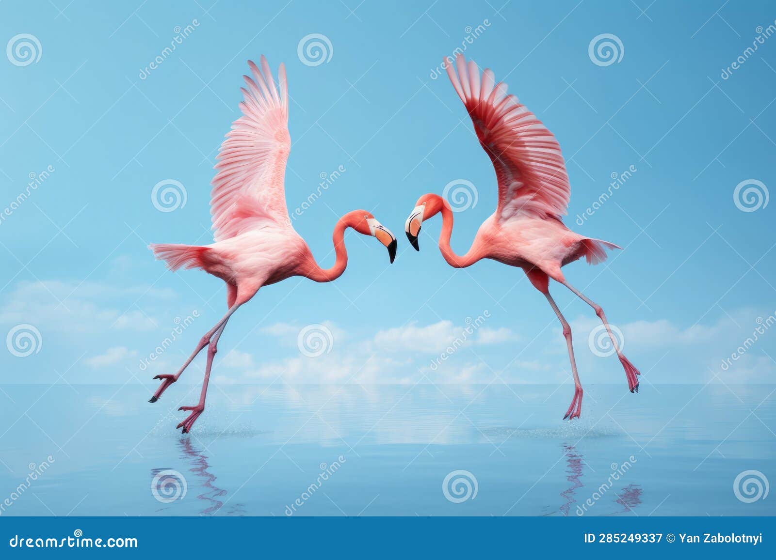 Jumping Moment, Two Flamingo on Sky Blue Background Stock Illustration ...