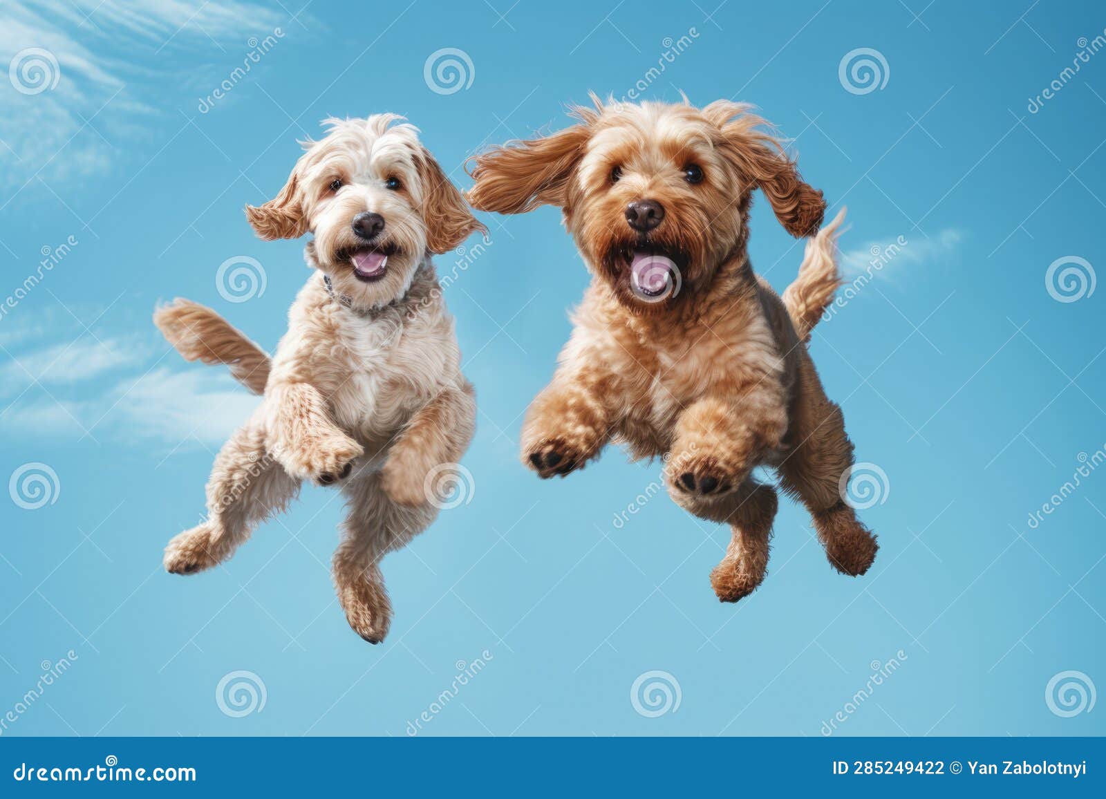 Jumping Moment, Two Labradoodle Dogs on Sky Blue Background Stock ...