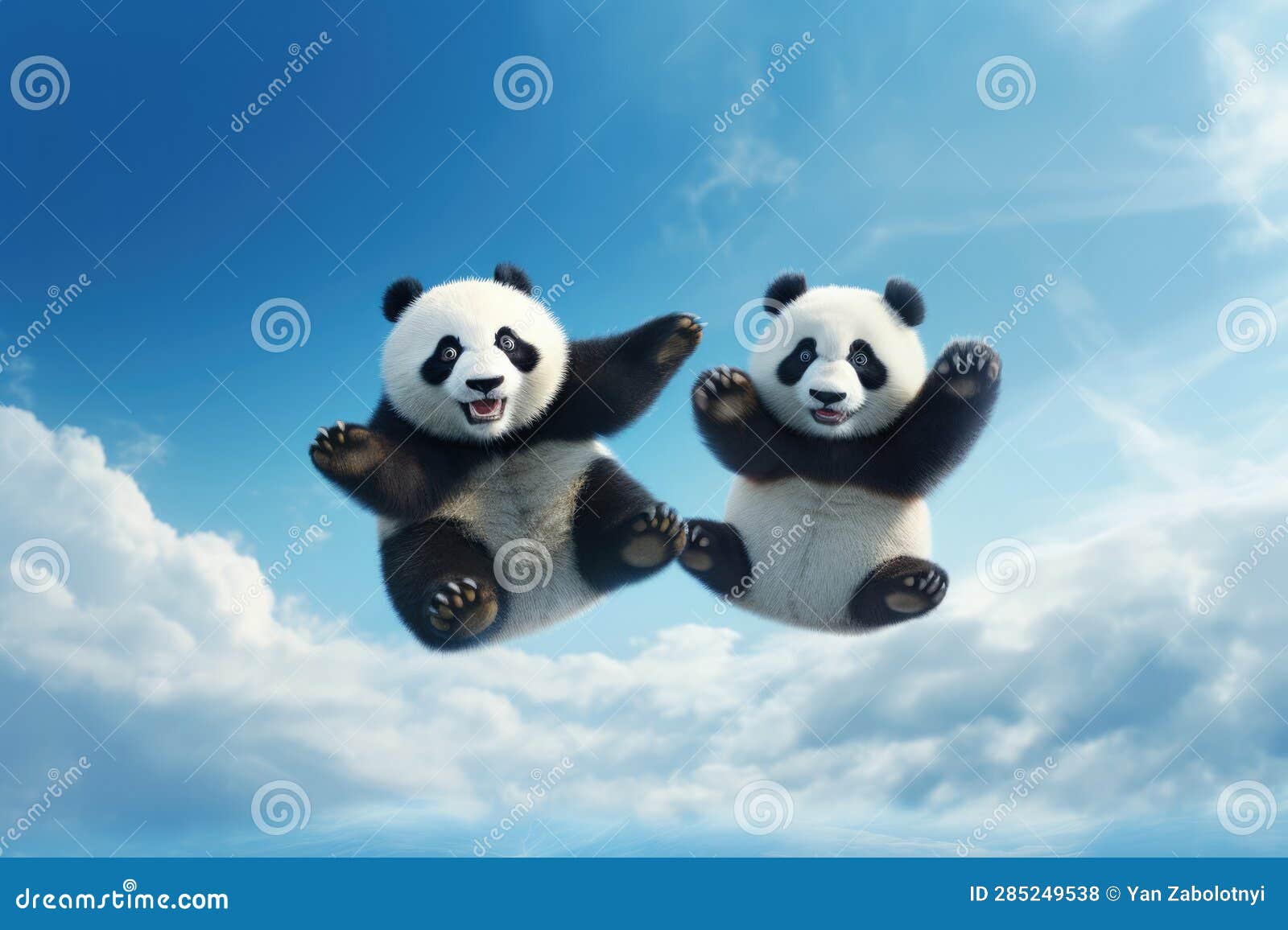 Jumping Moment, Two Panda on Sky Blue Background Stock Illustration ...
