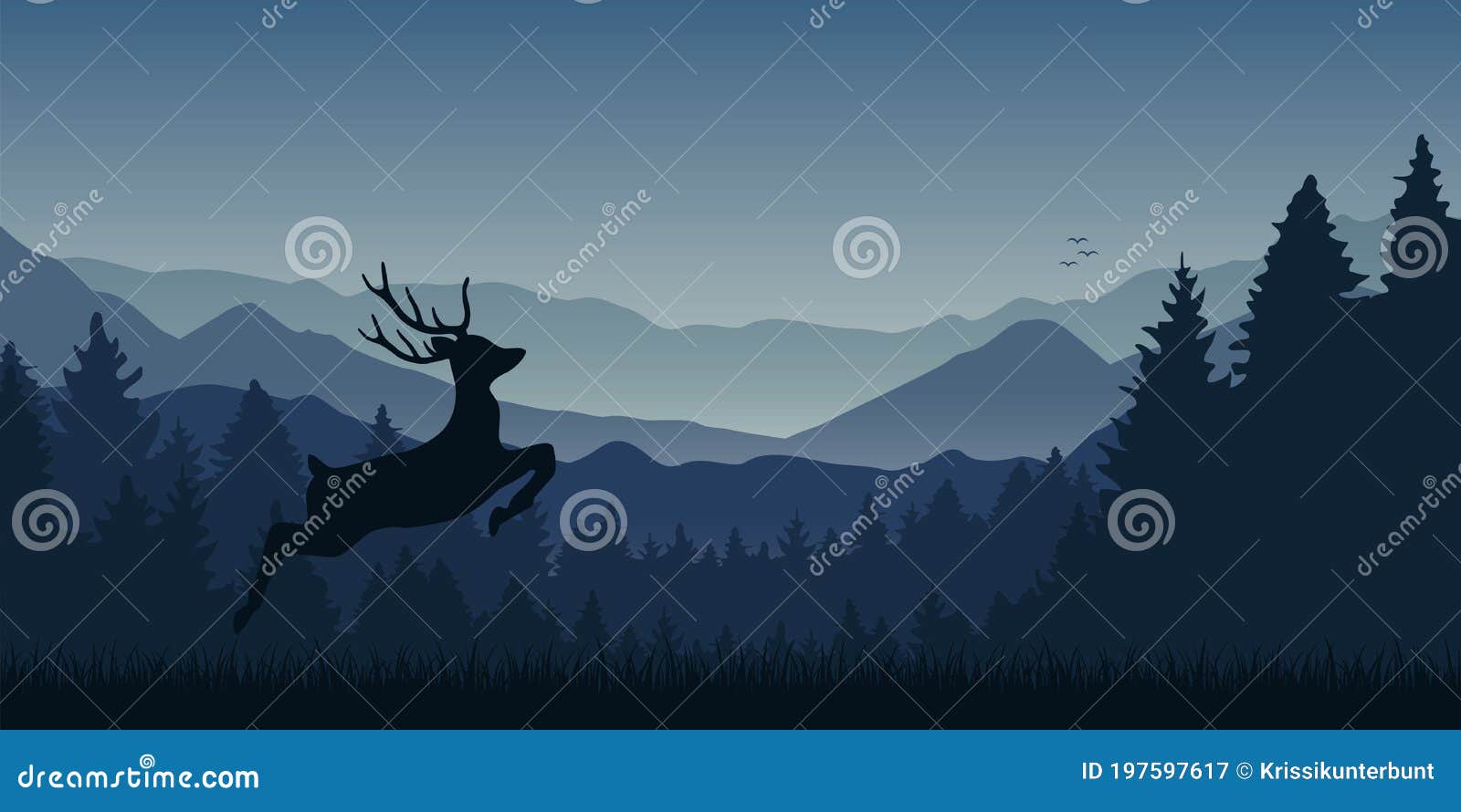 Jumping Moose in Wildlife on Blue Mountain and Forest Landscape Stock ...