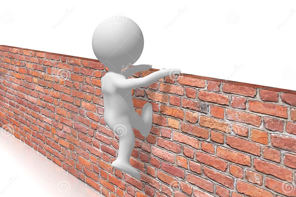 White Cartoon Character Getting Over the Wall - 3D Illustration Stock ...