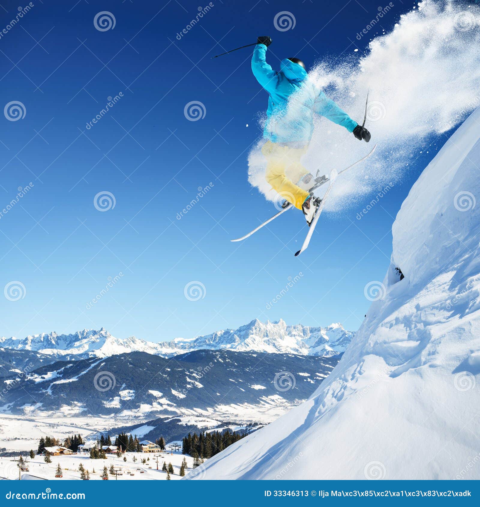 Jumping Skier in High Mountains Stock Image - Image of slide ...