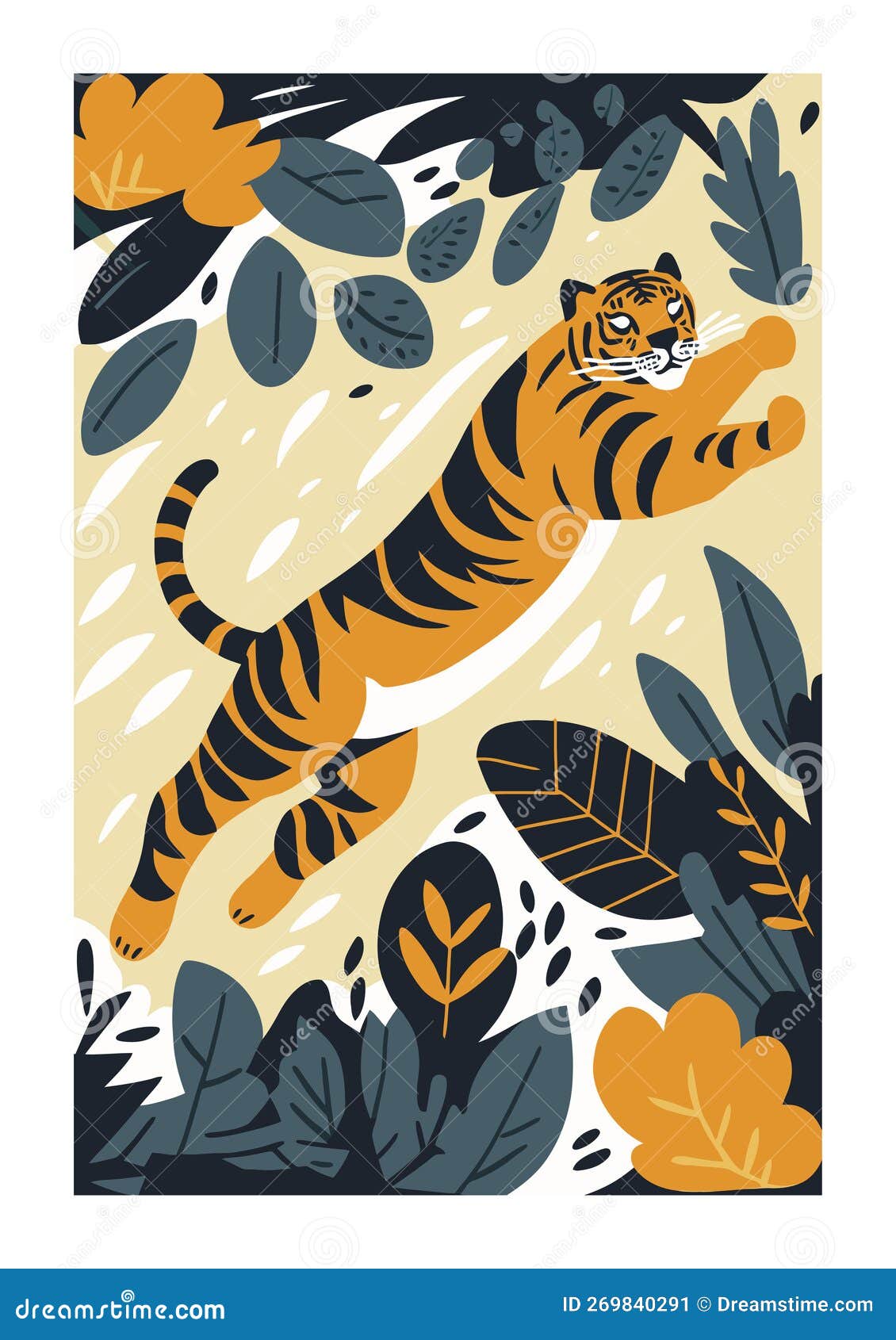 Jumping Tiger in the Jungle . Hand Drawn Vector Illustration in Flat ...