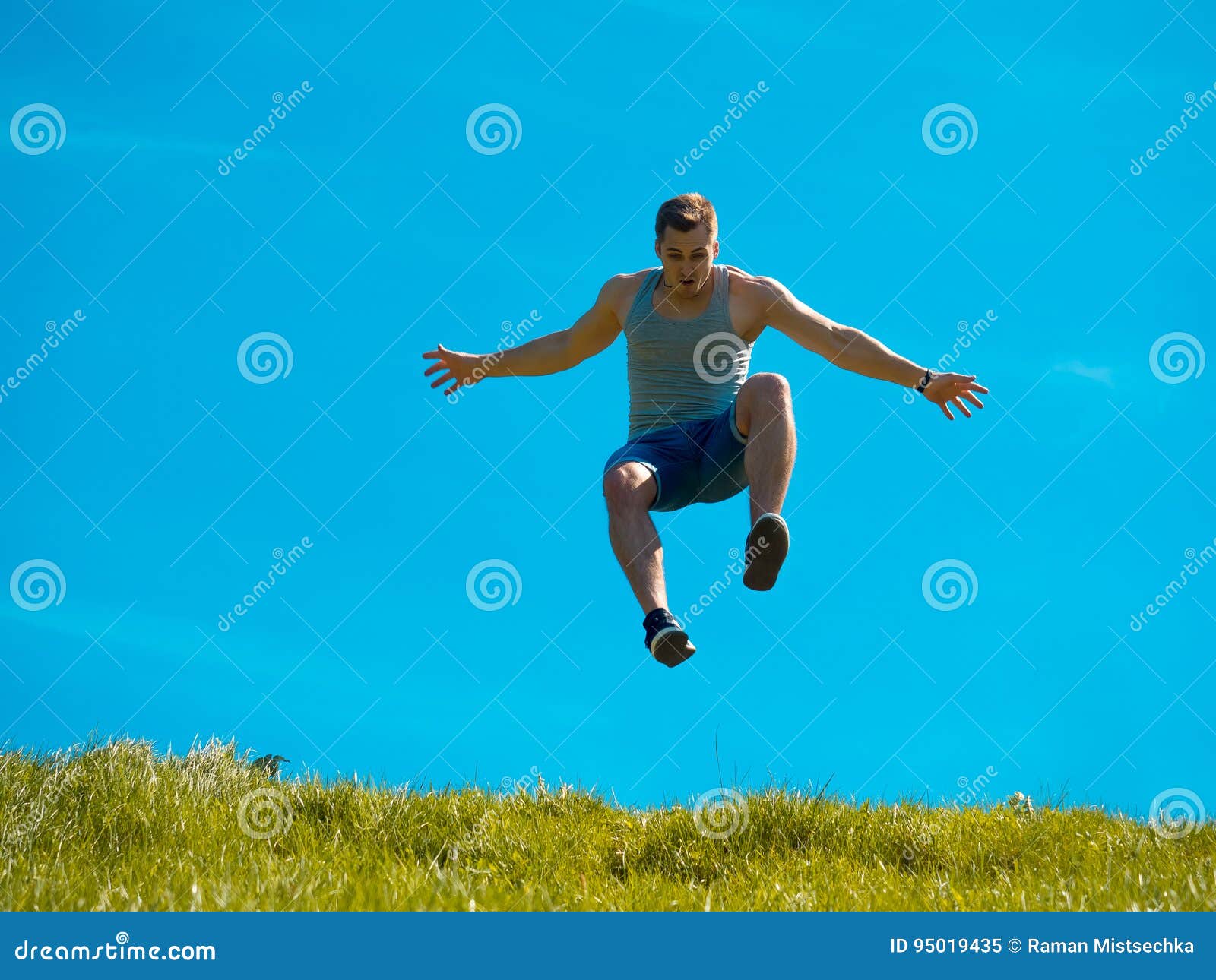 Jumping Up Guy. Background Blue Sky Stock Image - Image of nature ...