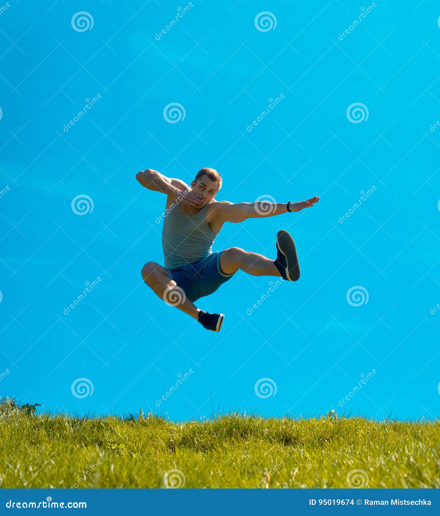 Jumping Up Guy. Background Blue Sky Stock Photo - Image of blue, flying ...