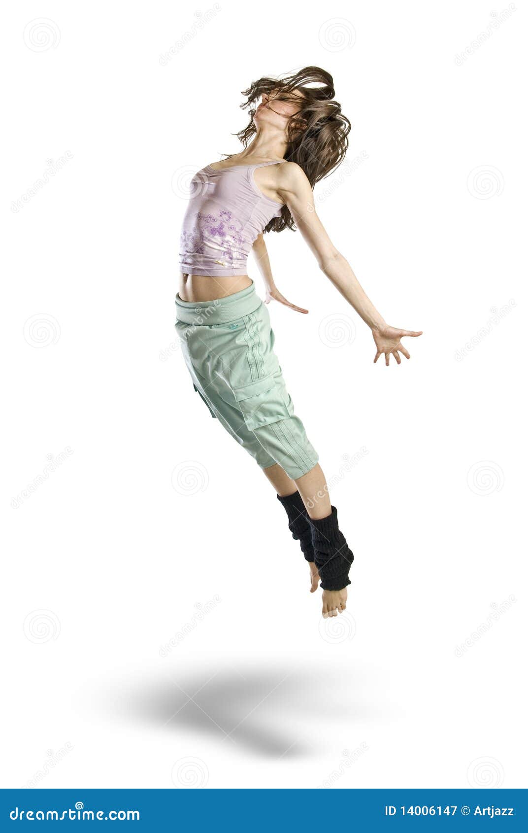 Young Dancer Woman In Oversize Clothes Jumping On Pink Isolated Studio ...