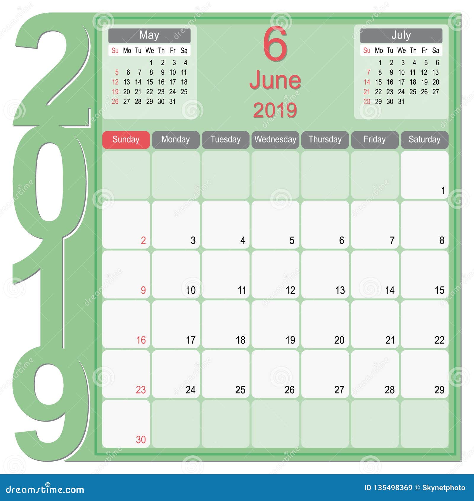 Jun 2019 Calendar Monthly Planner Design Stock Vector - Illustration of ...