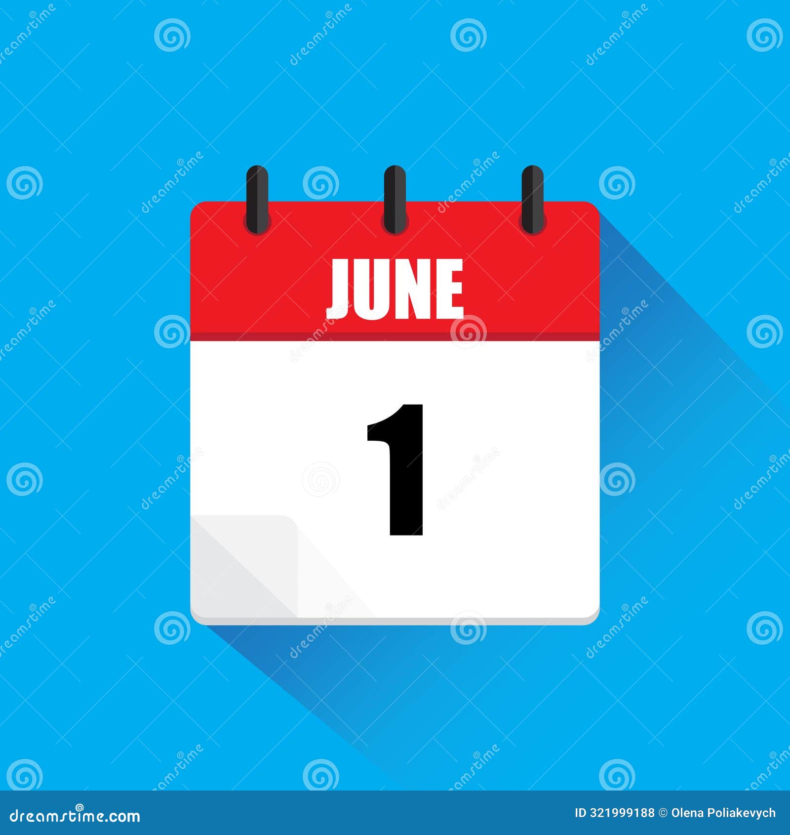 June 1 Calendar Icon. Red and White Page. Blue Background. Flat Vector ...