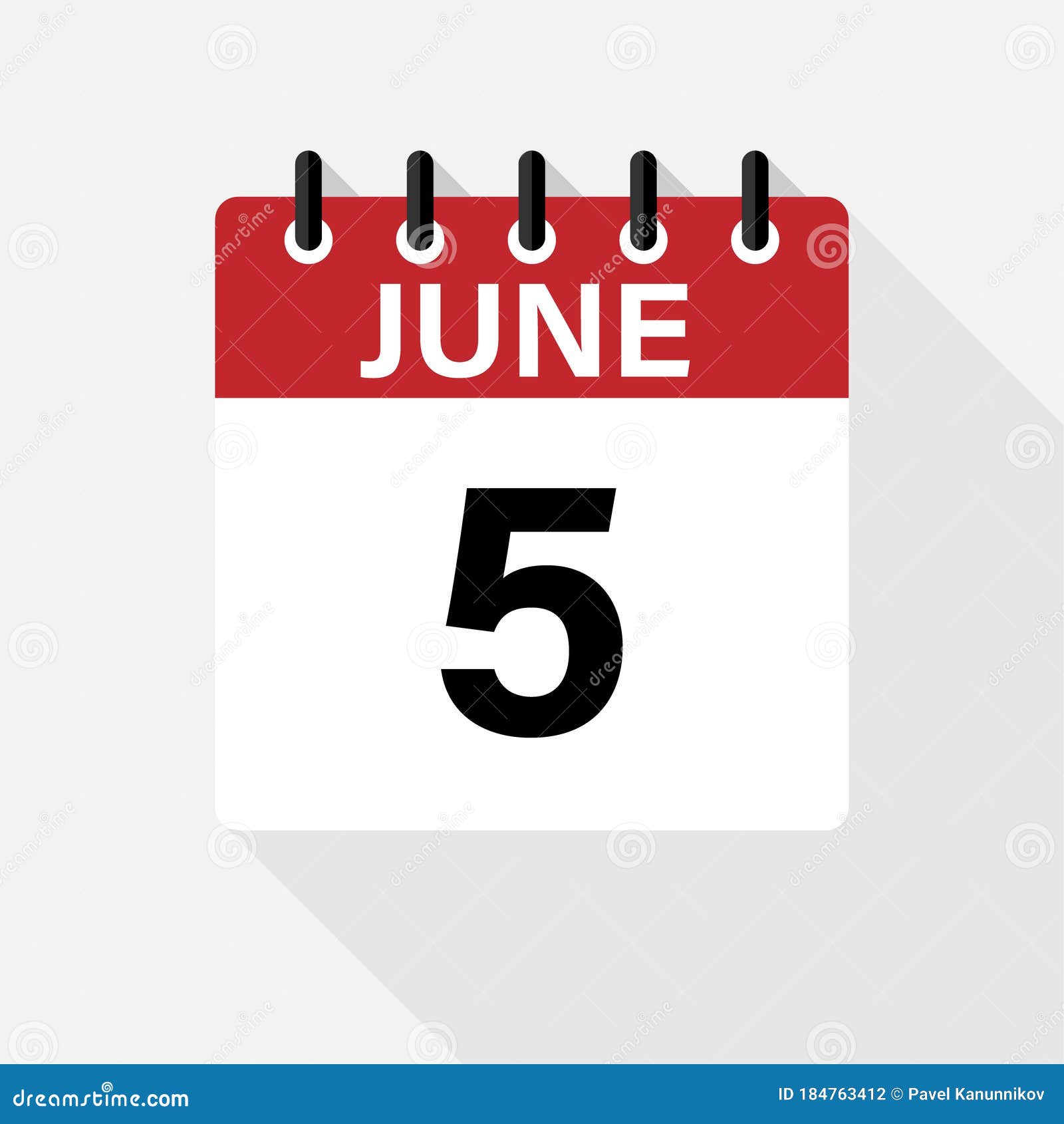 June 5 Calendar Icon. Calendar Icon with Shadow. Flat Style. Date, Day ...