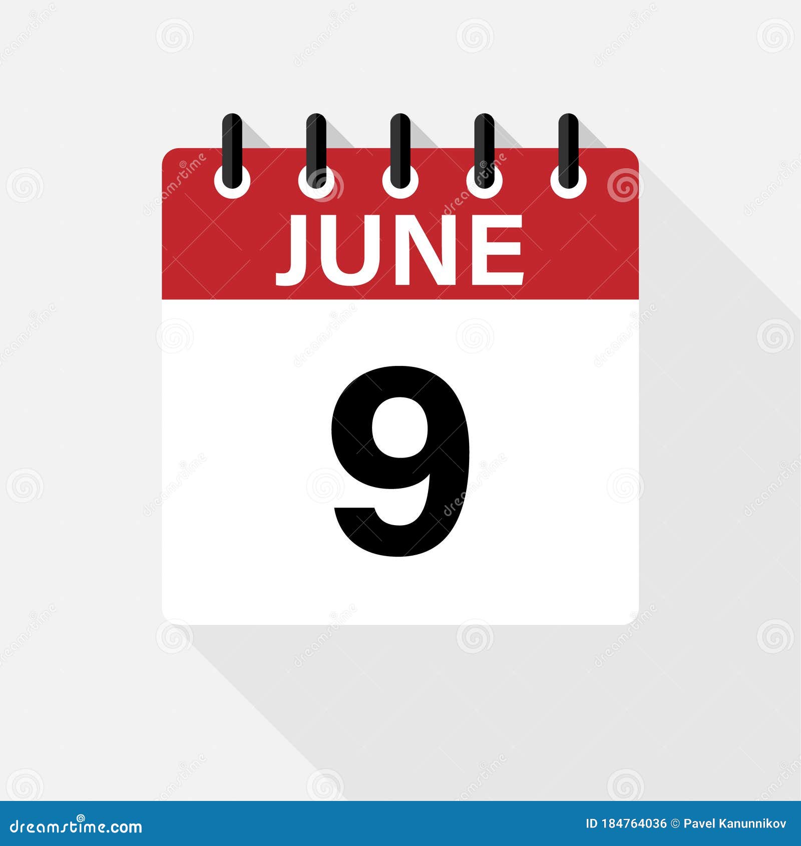 June 9 Calendar Icon. Calendar Icon with Shadow. Flat Style. Date, Day ...
