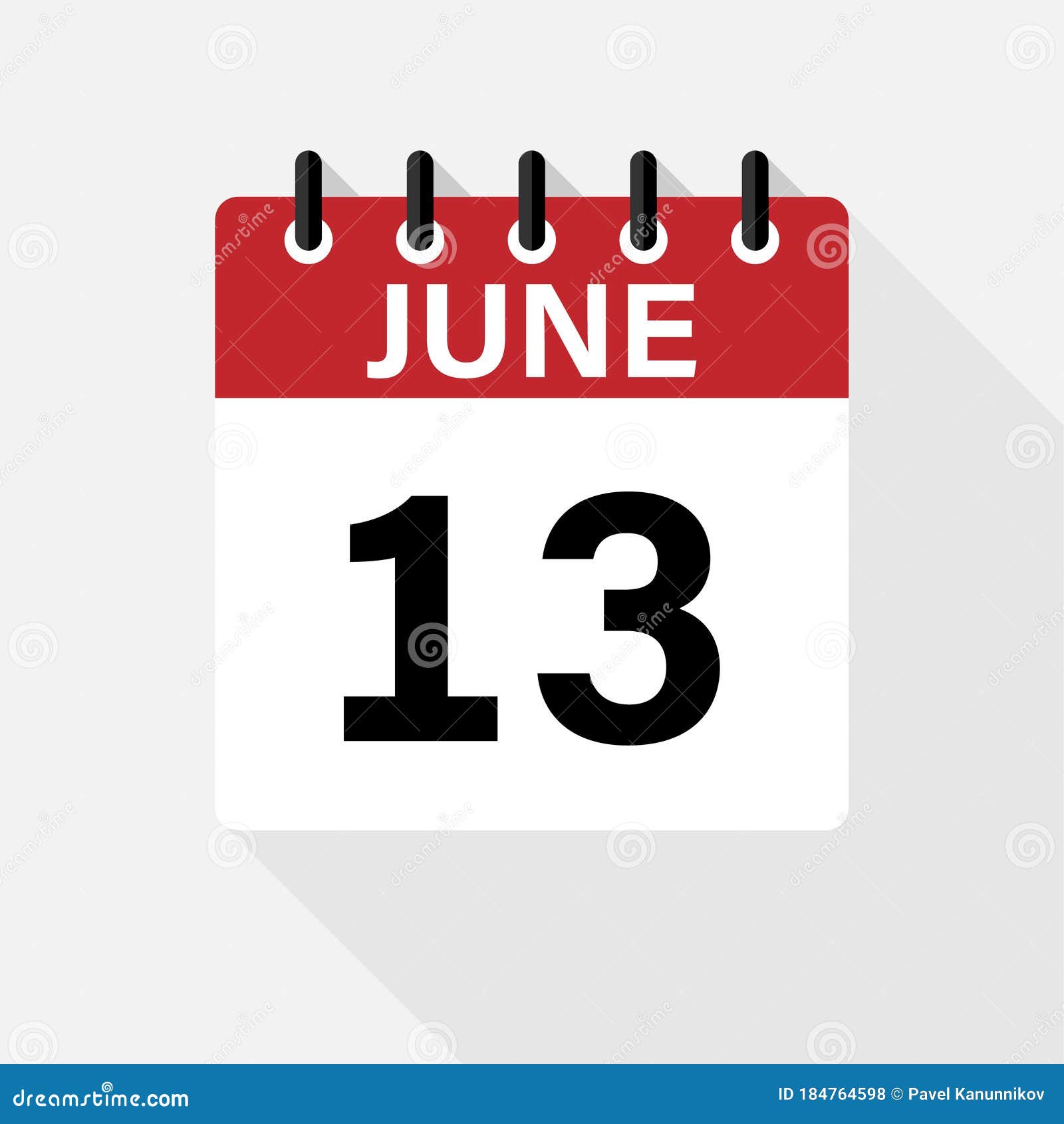 June 13 Calendar Icon. Calendar Icon with Shadow. Flat Style. Date, Day ...