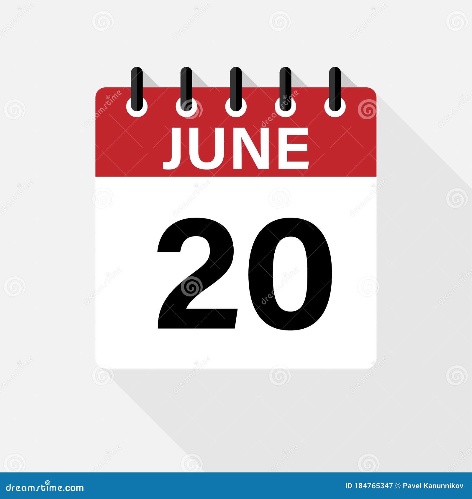 June 20 Calendar Icon. Calendar Icon with Shadow. Flat Style. Date, Day ...