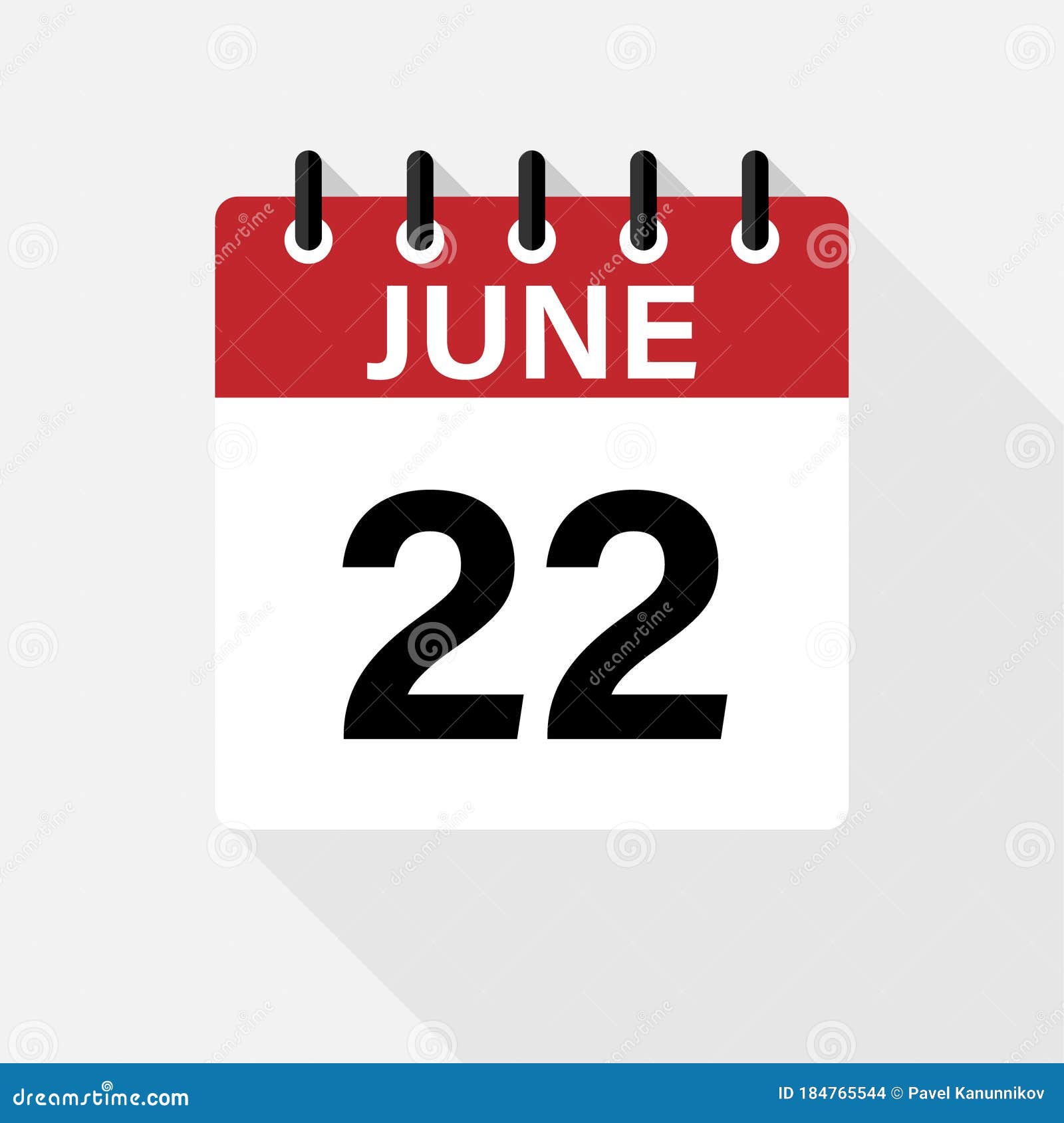 June 22 Calendar Icon. Calendar Icon with Shadow. Flat Style. Date, Day ...