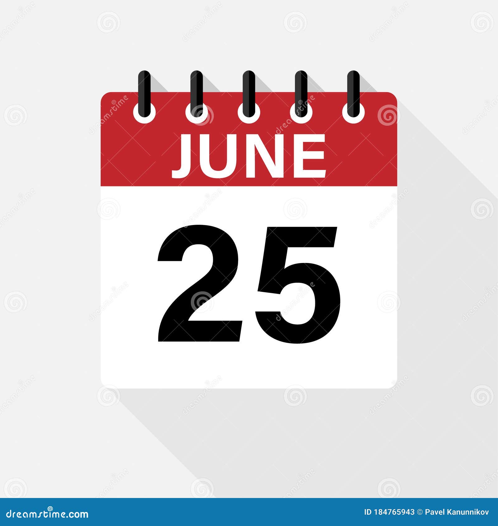 June 25 Calendar Icon. Calendar Icon with Shadow. Flat Style. Date, Day ...