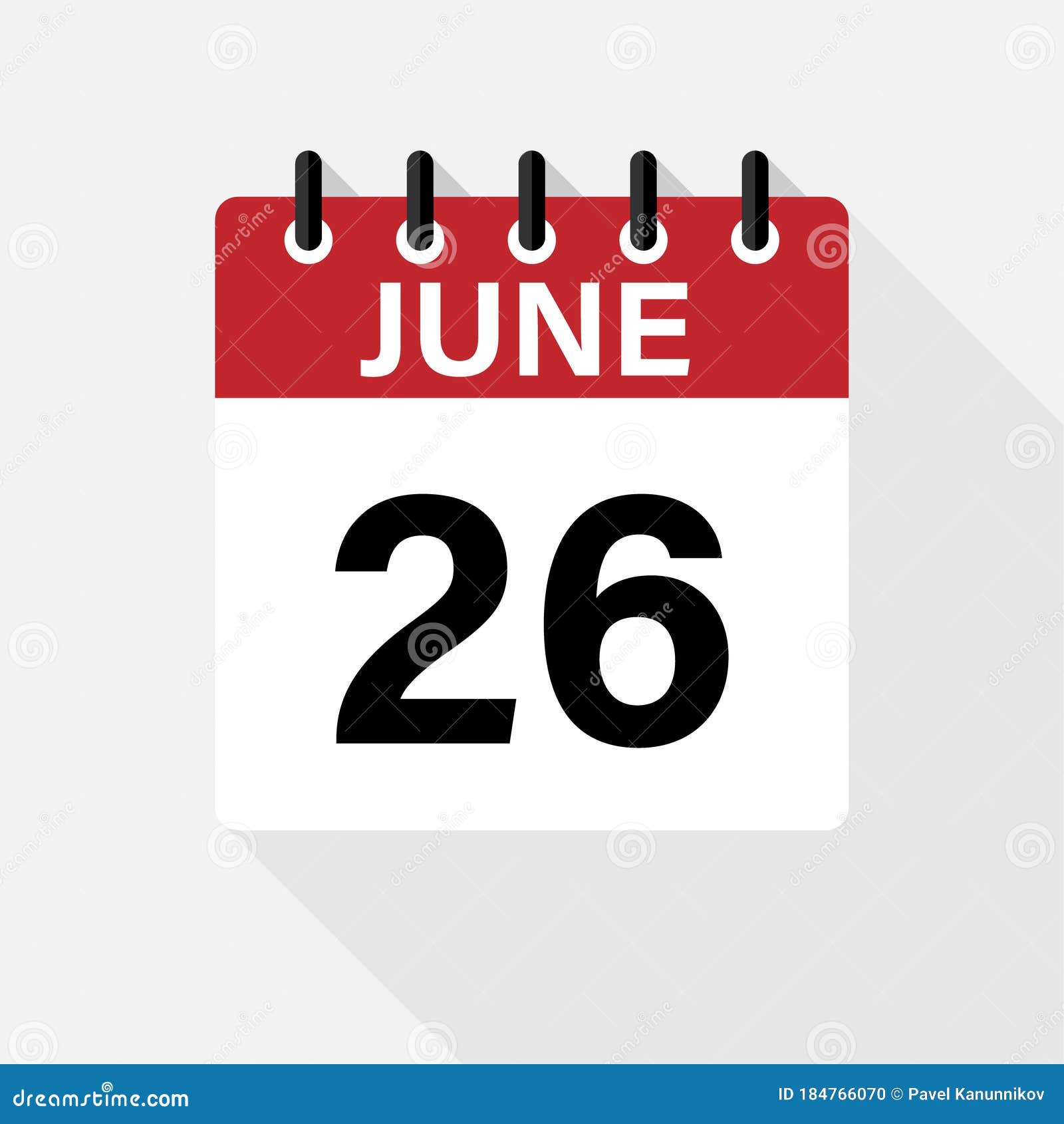 June 26 Calendar Icon. Calendar Icon with Shadow. Flat Style. Date, Day ...
