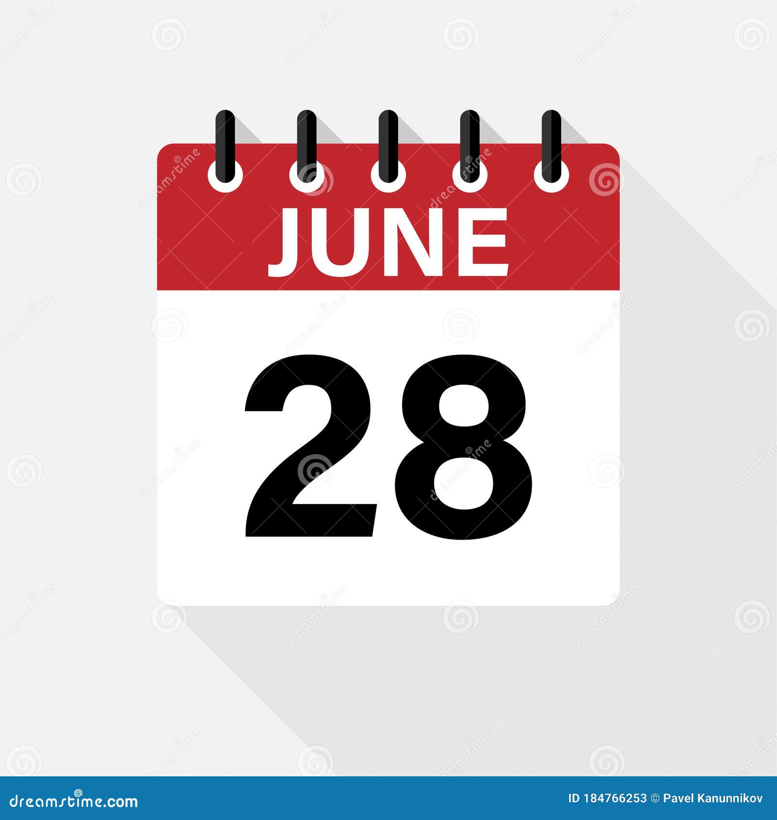 June 28 Calendar Icon. Calendar Icon with Shadow. Flat Style. Date, Day ...