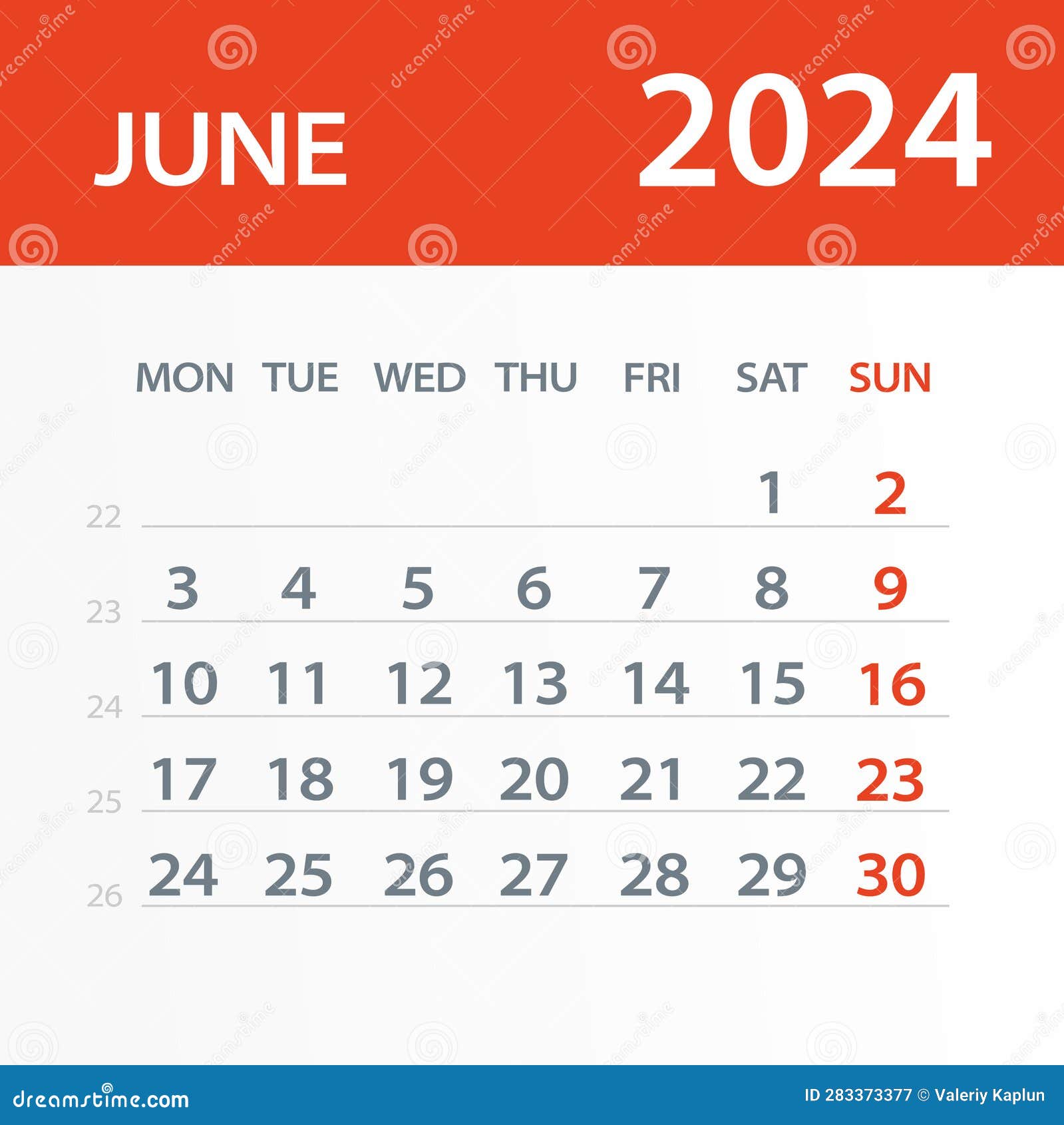 June 2024 Calendar Leaf - Vector Illustration. Week Starts on Monday ...