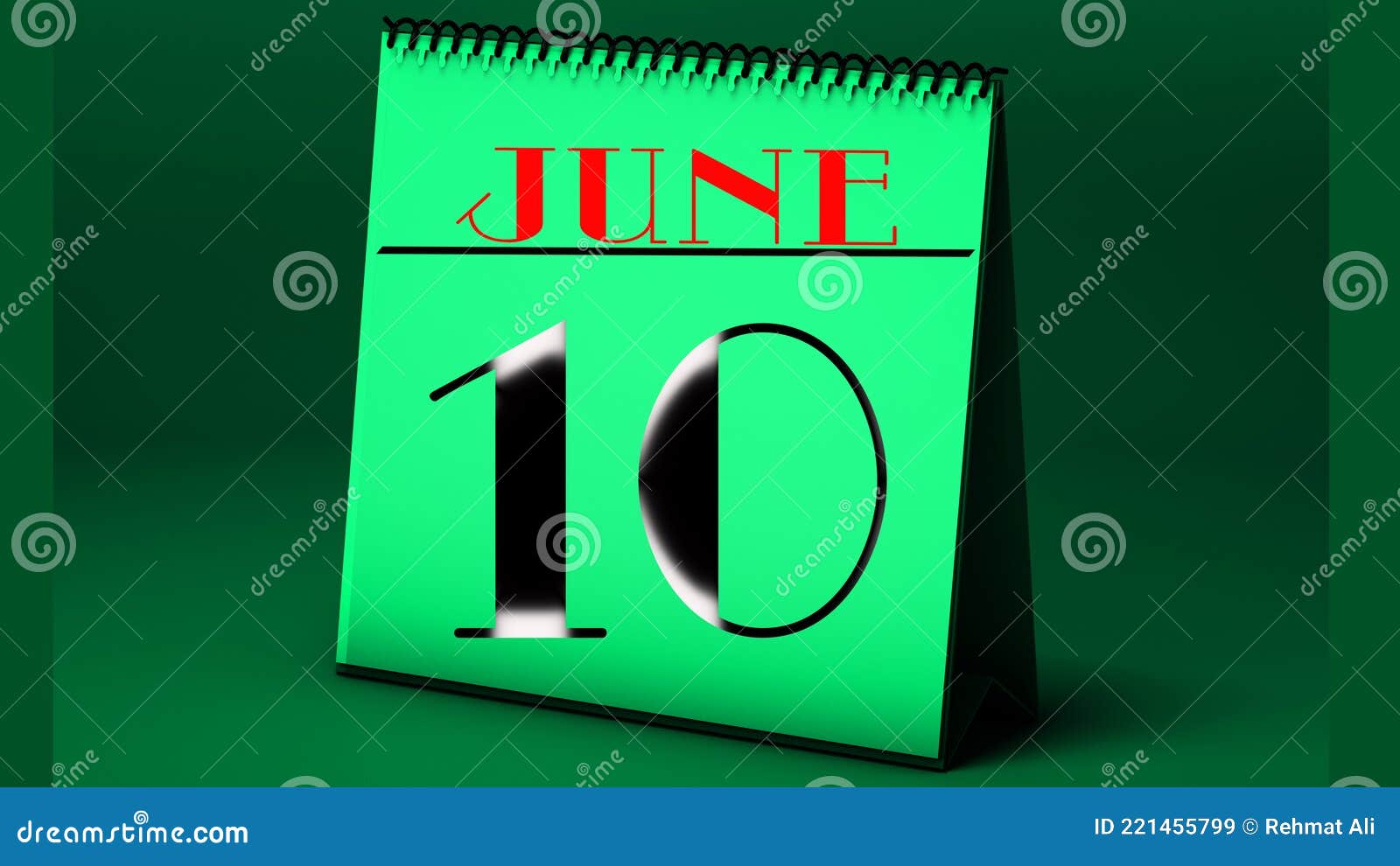 10 June, Calendar on Green Background Stock Illustration - Illustration ...