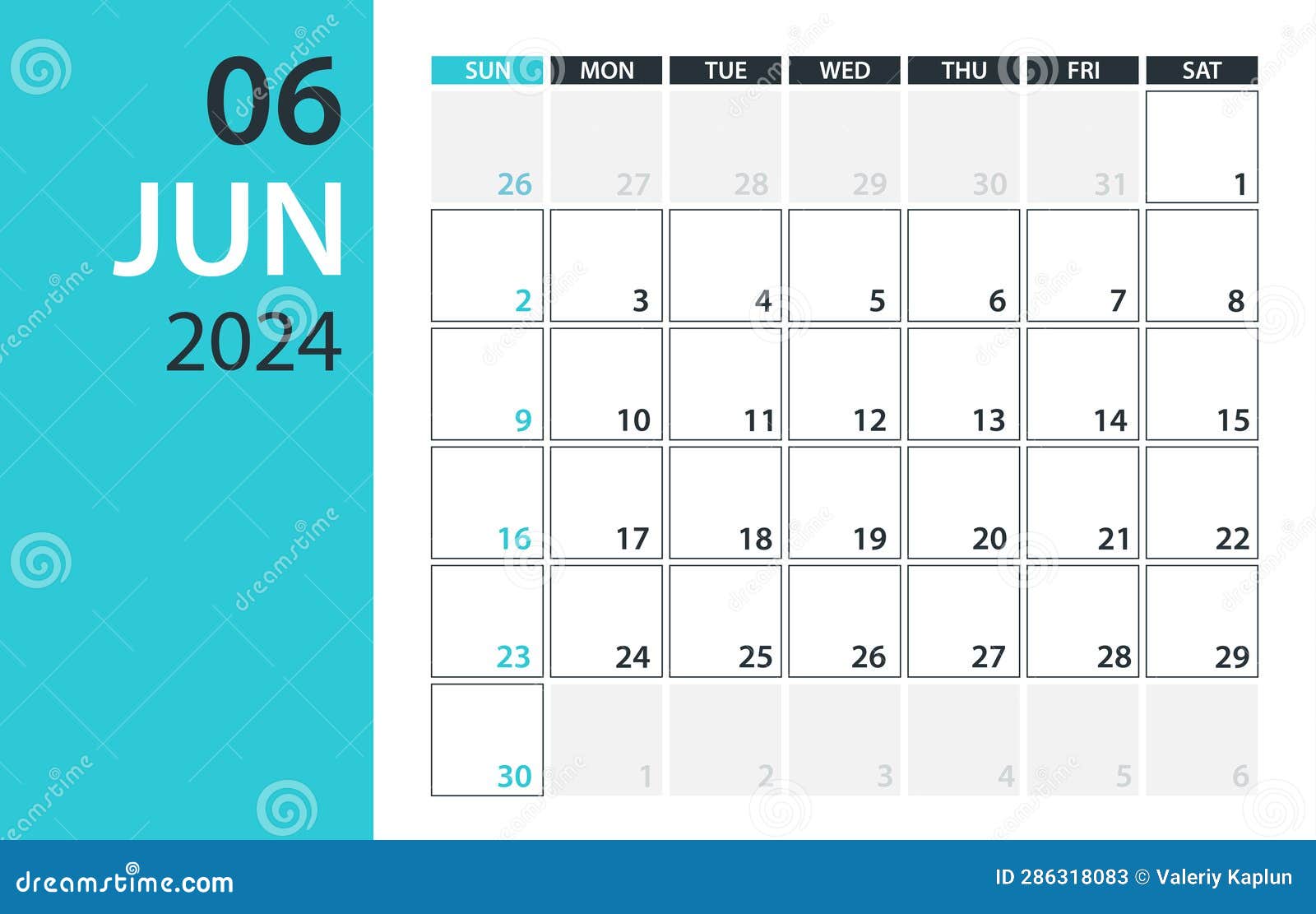 June 2024 Template, Calendar 2024 Design Vector, Planner Layout, Week ...